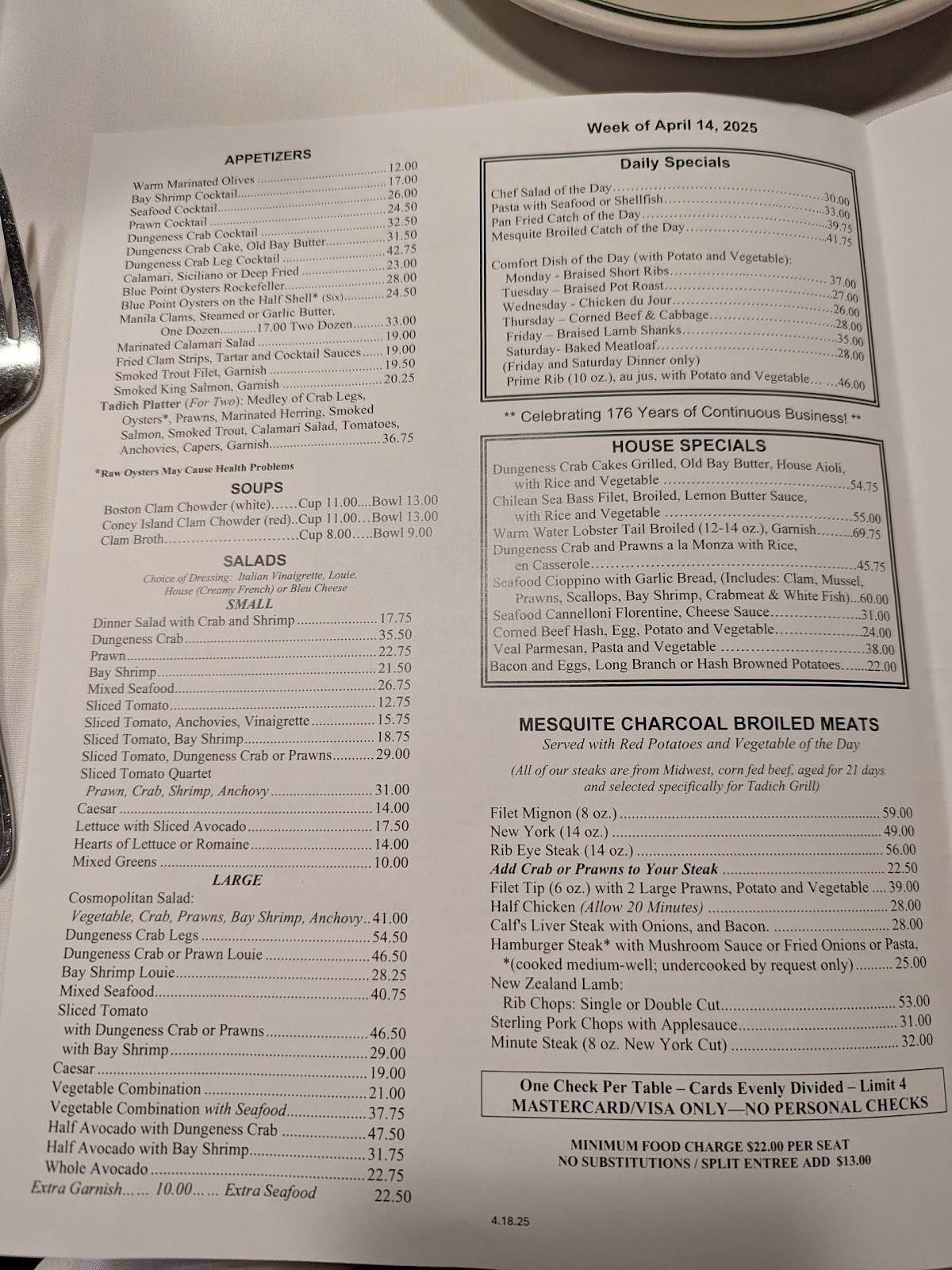 Menu at Tadich Grill pub & bar, San Francisco, 240 California St