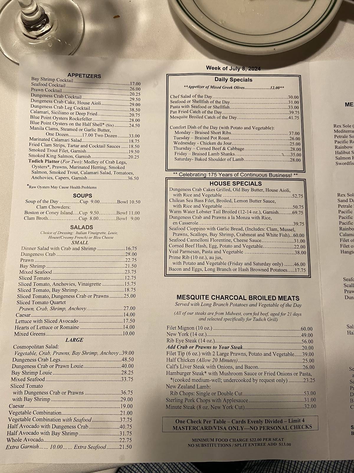 Menu at Tadich Grill pub & bar, San Francisco, 240 California St