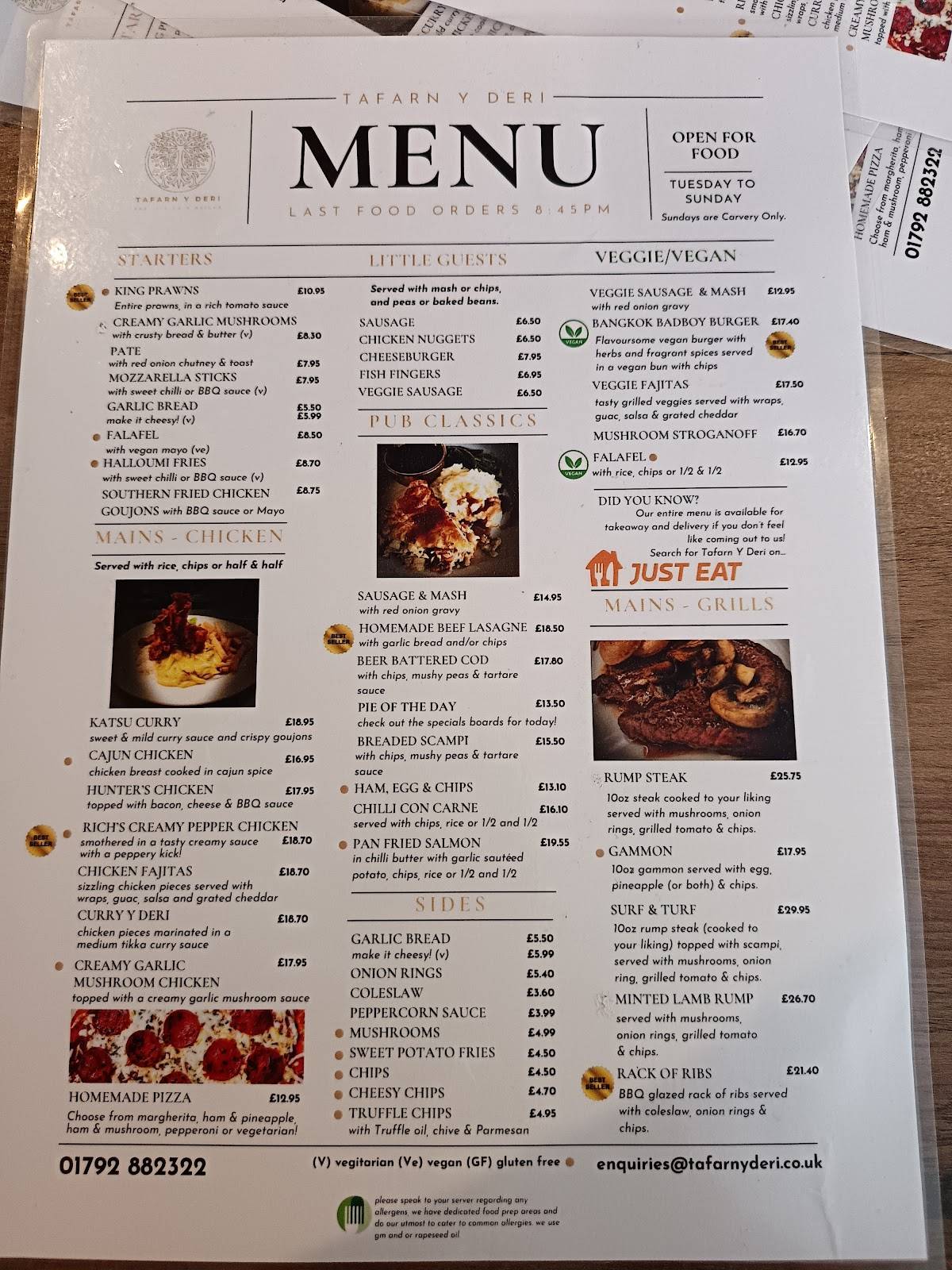 Menu at Tafarn Y Deri (Llanedi) restaurant, Llangennech