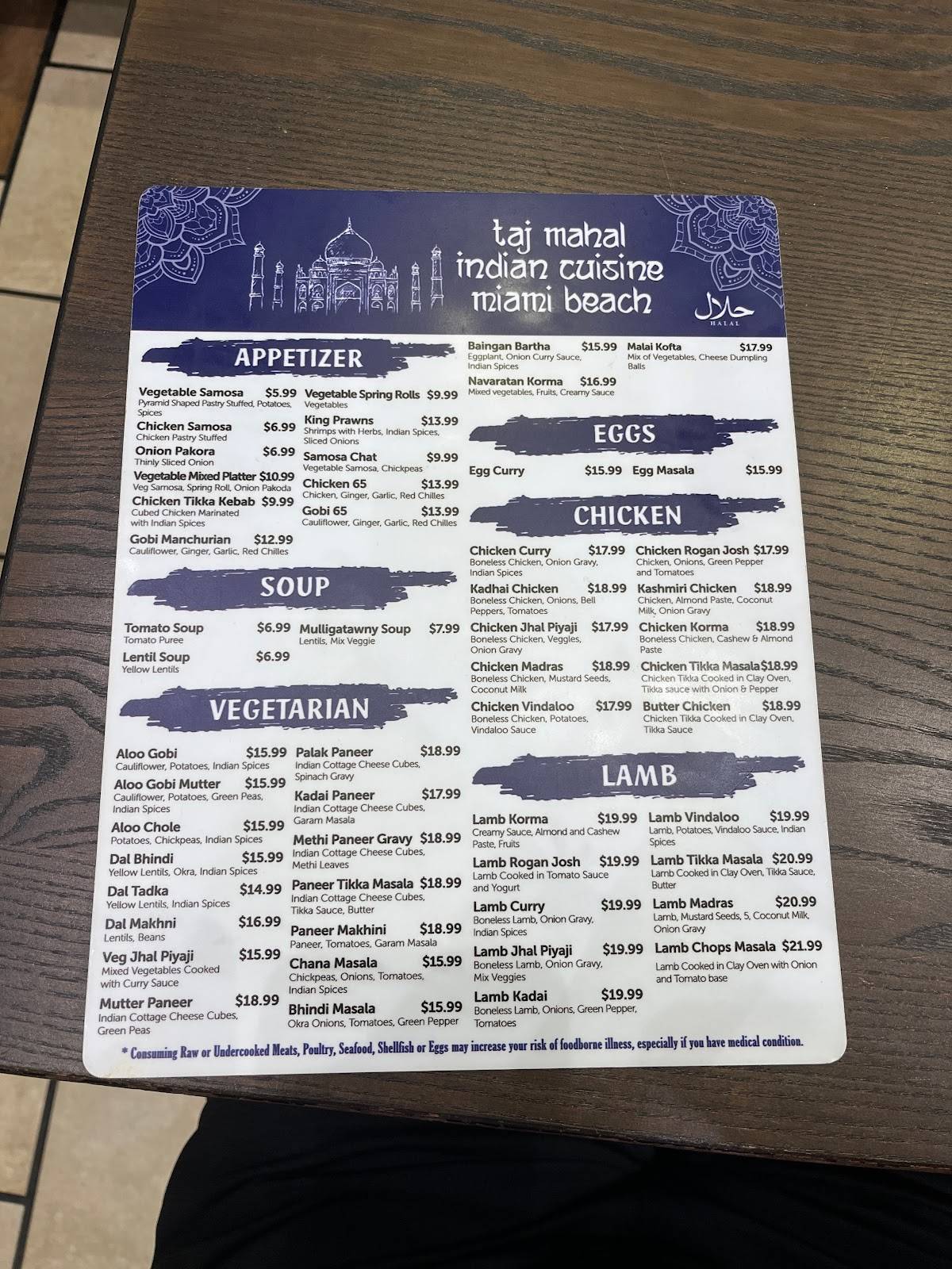 Menu at Taj Mahal Indian Cuisine restaurant, Miami Beach