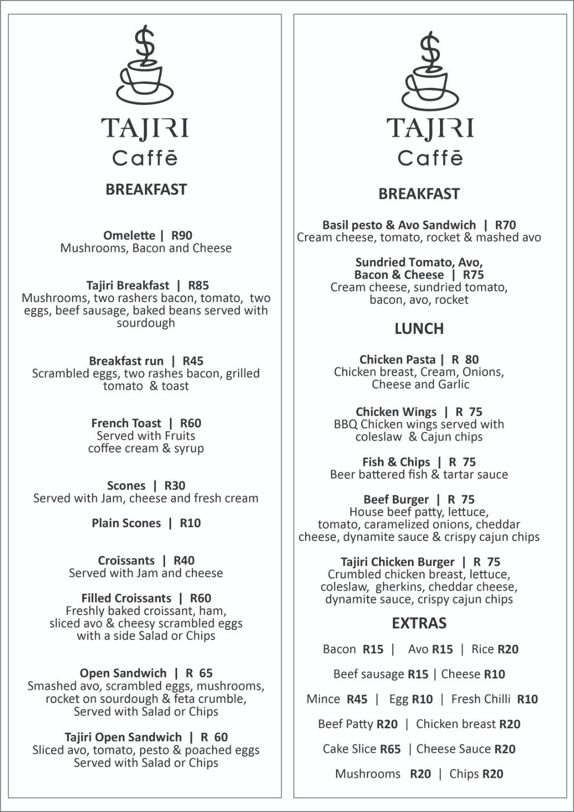 Menu at Tajiri Caffe restaurant, Pretoria