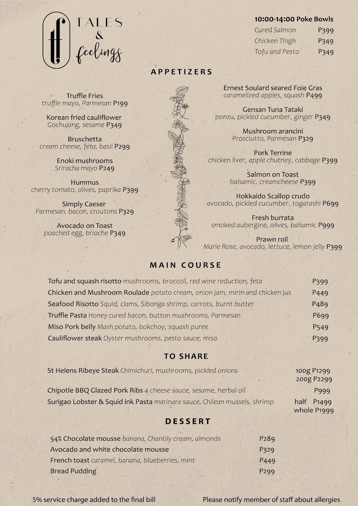 Menu at Tales and Feelings restaurant, Cebu City