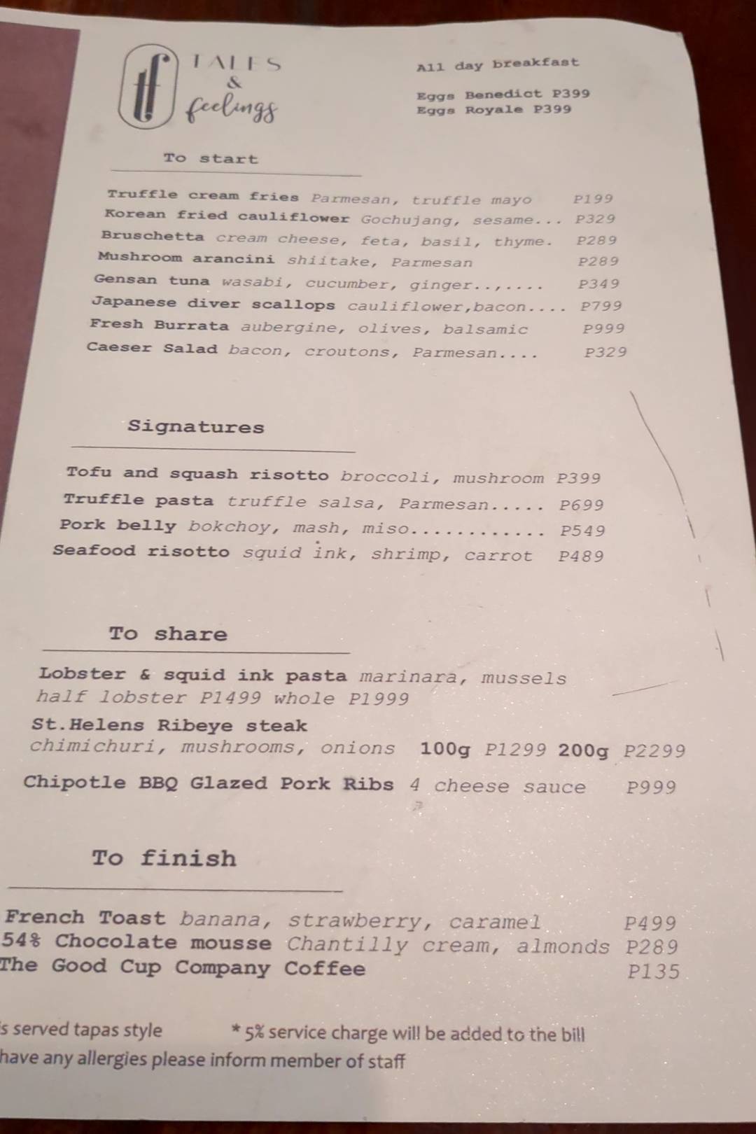 Menu at Tales and Feelings restaurant, Cebu City