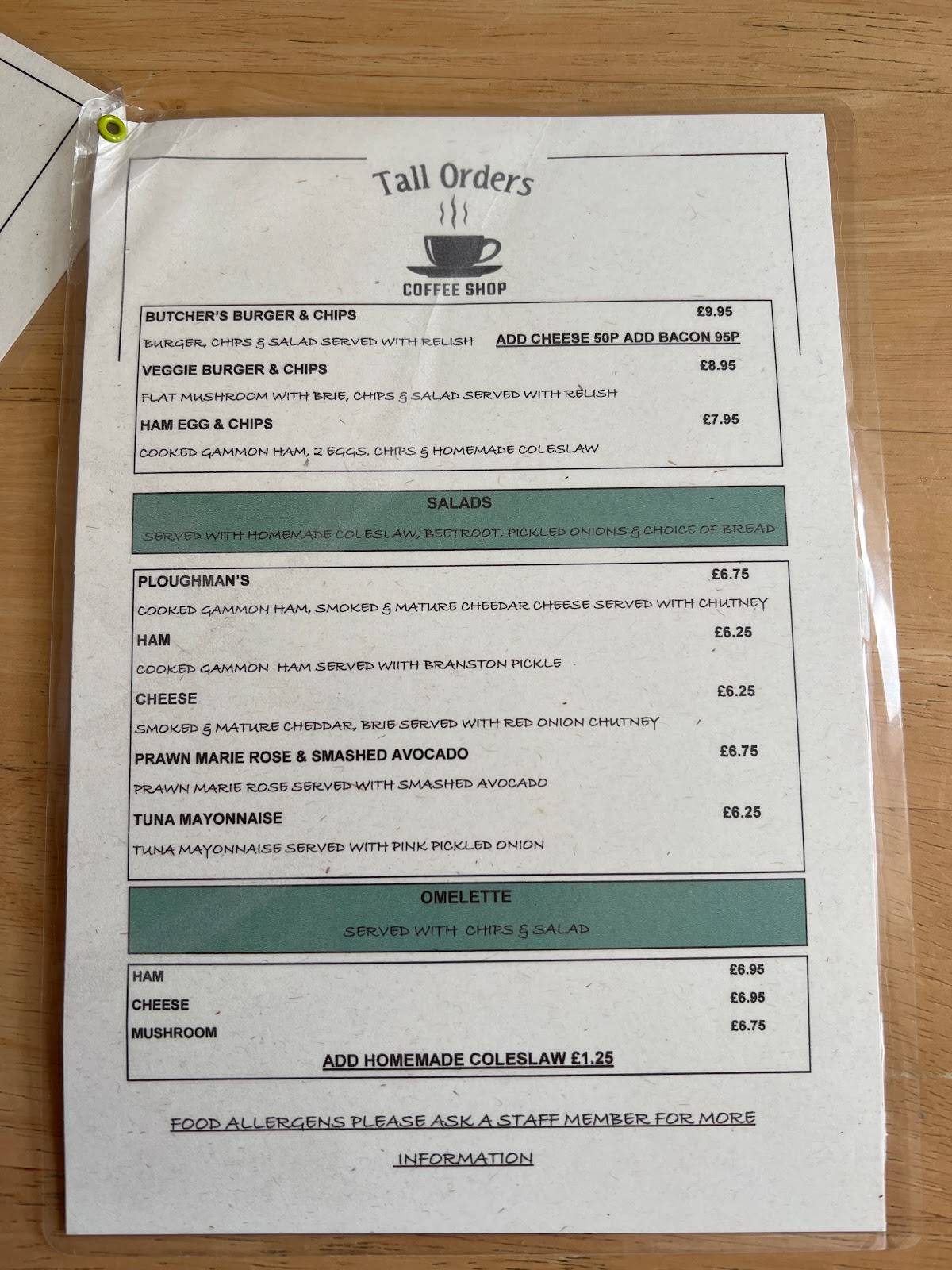 Menu at Tall Orders Coffee Shop cafe, Thetford