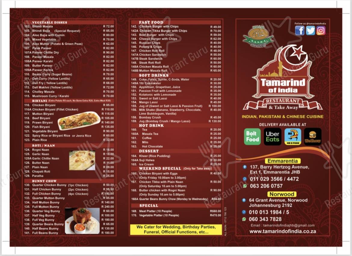 Menu at Tamarind of India Emmaretia (Halaal) restaurant, Johannesburg ...