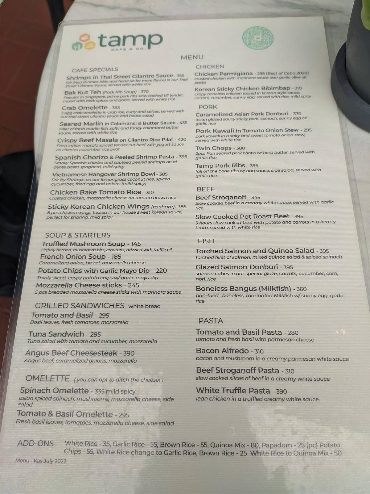 Menu at Tamp Cafe & Co. KASAMBAGAN, Cebu City, 12 President Aguinaldo ...