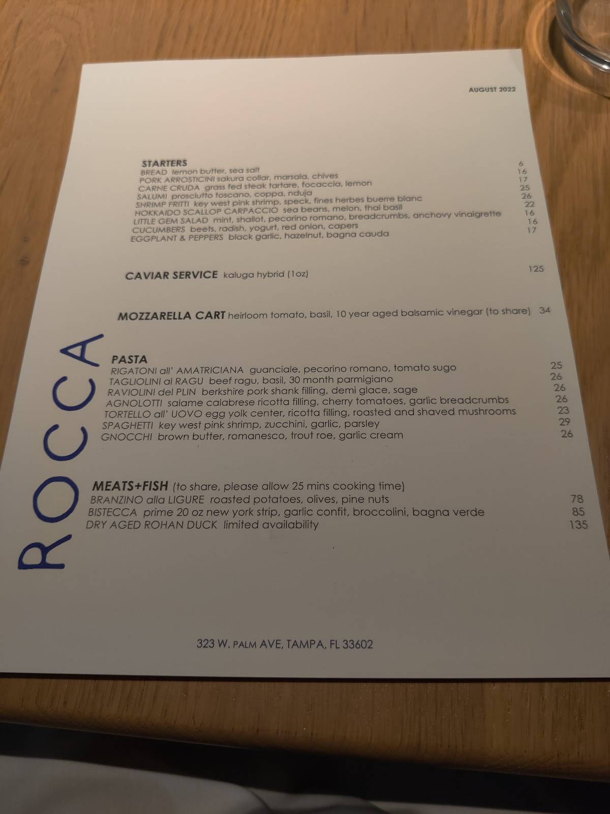 Menu at Rocca restaurant, Tampa