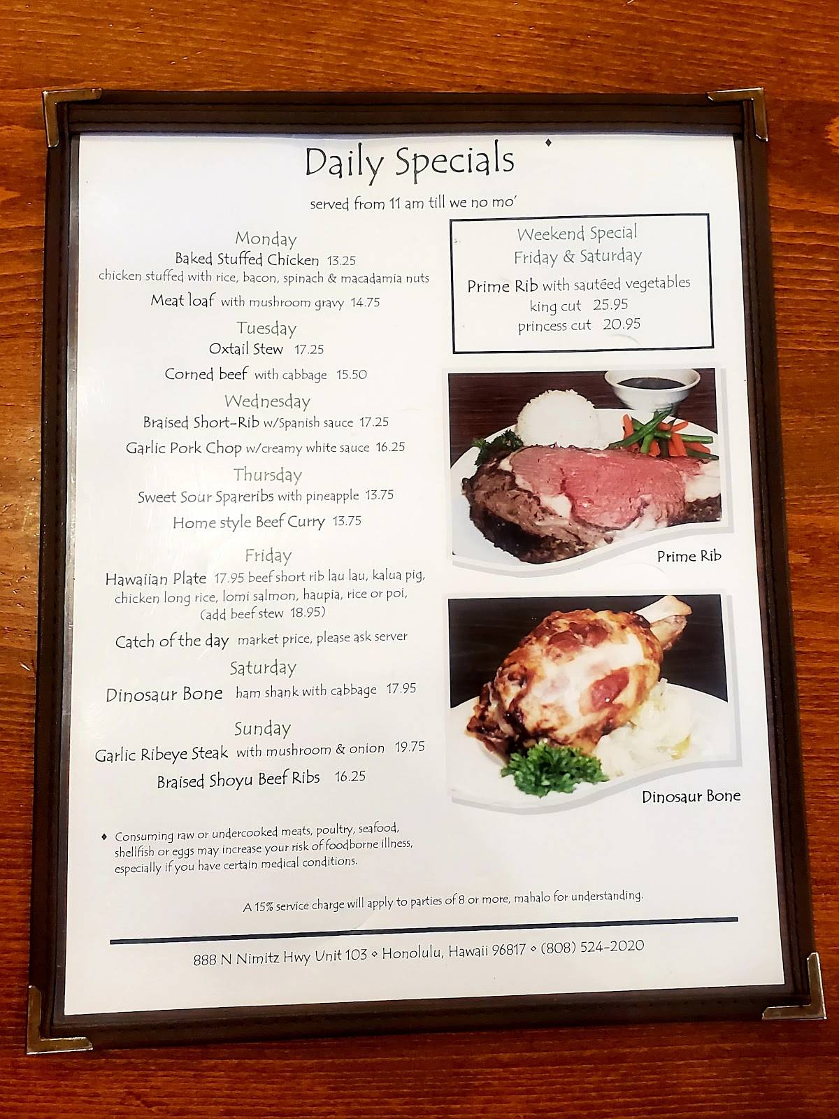 Menu at Tanaka Saimin restaurant, Honolulu, 888 N Nimitz Hwy #103