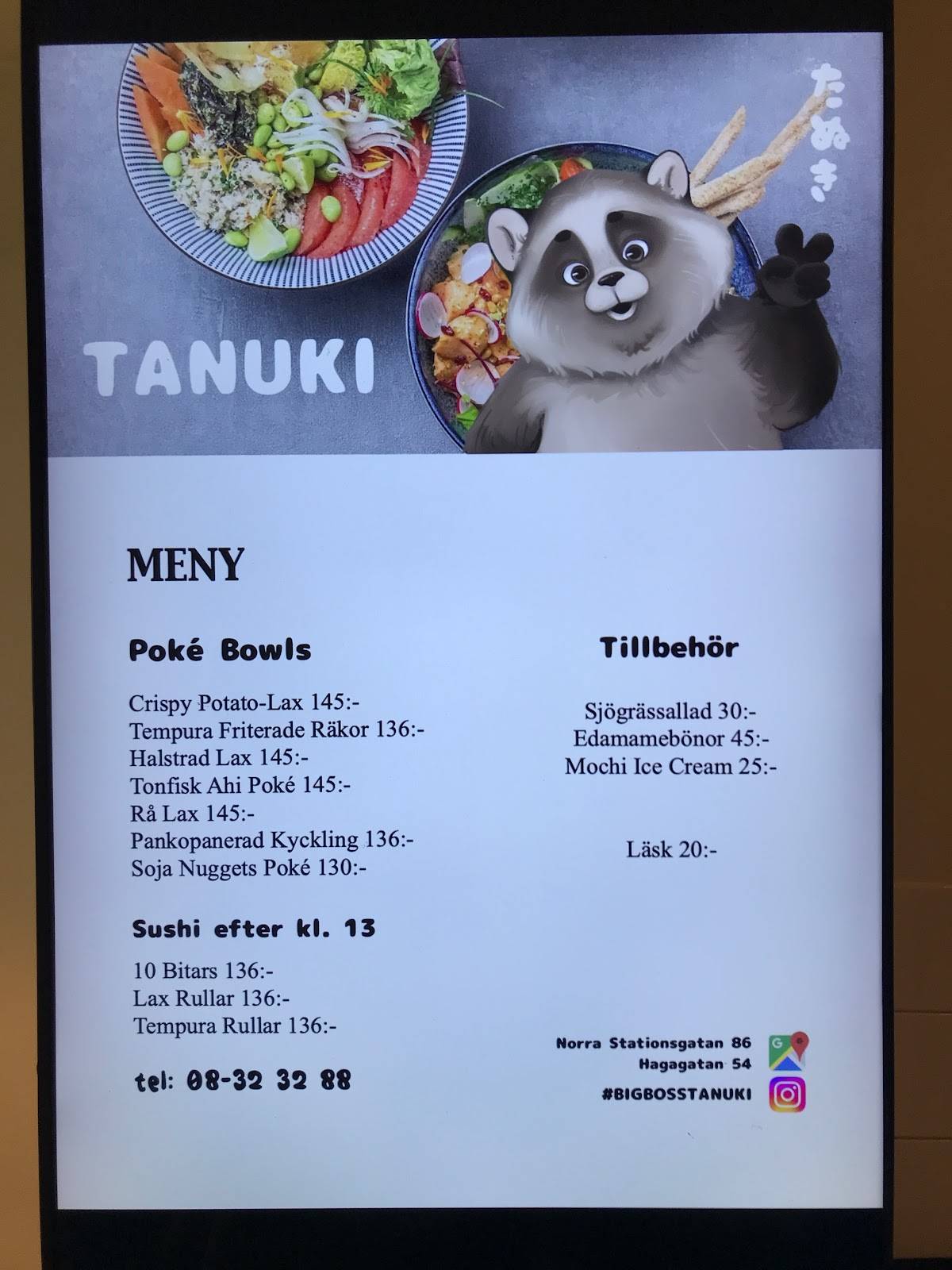 Menu at Tanuki restaurant, Stockholm, Hagagatan 54