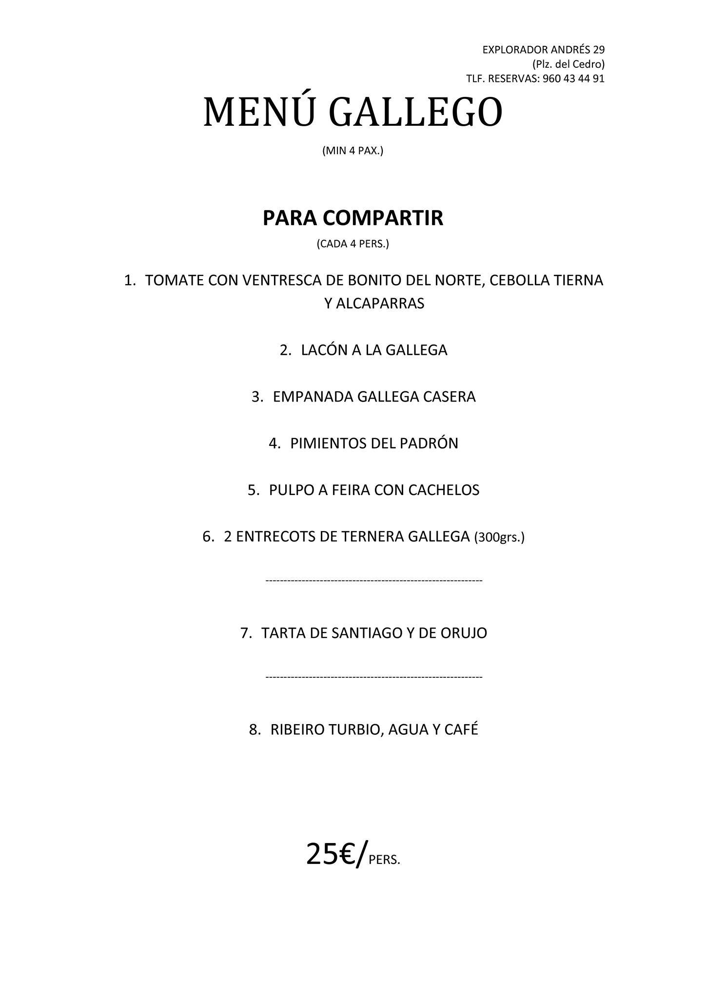 Carta del restaurante Tapería MEIGAS, Valencia