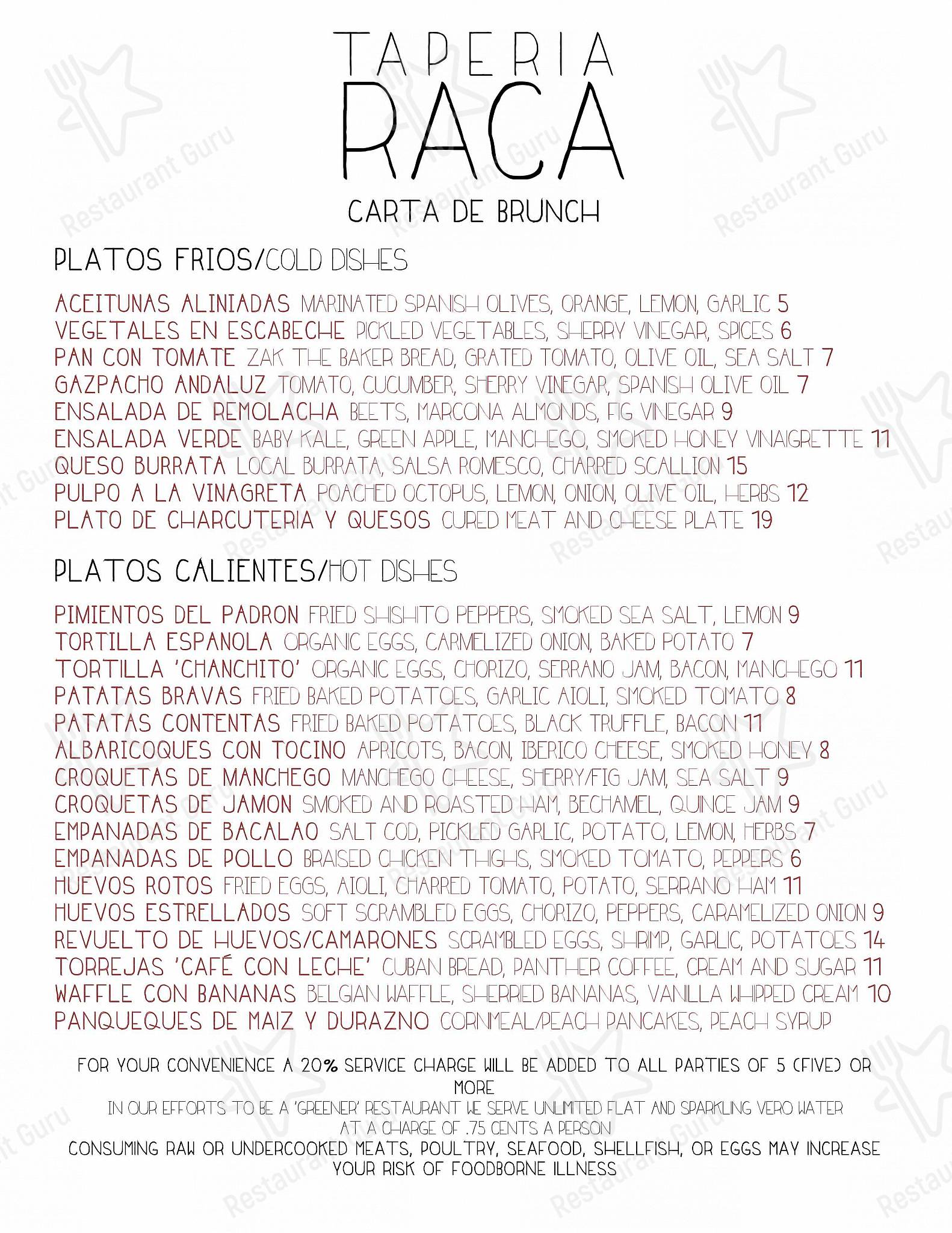 Carta del pub y bar Taperia Raca, Miami, Biscayne Blvd