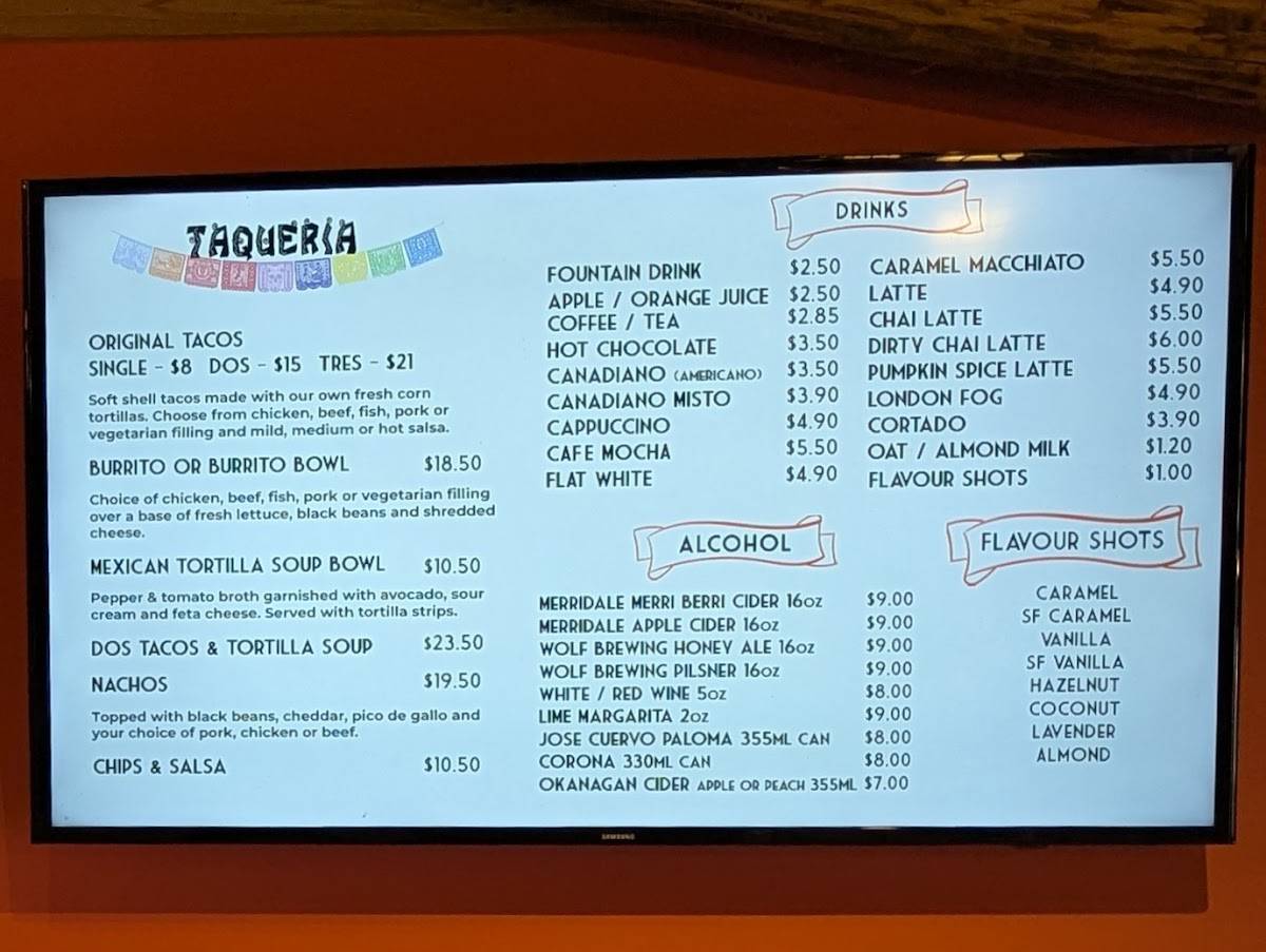 Menu at Taqueria Cantina in Coombs restaurant, Coombs