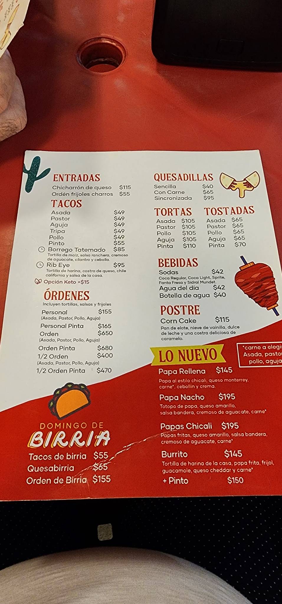Menu at Taquería Chicali restaurant, Mexicali