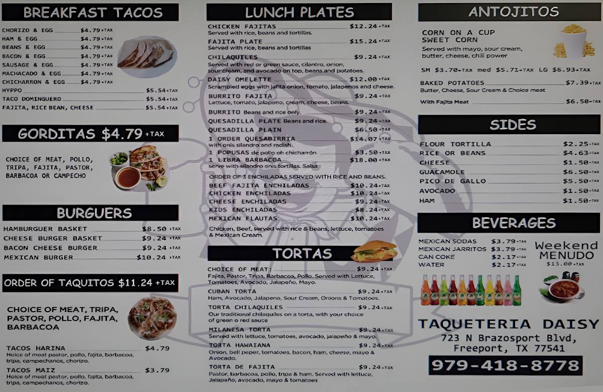 Menu at Taqueria Daisy restaurant, Freeport, 723 N Brazosport Blvd