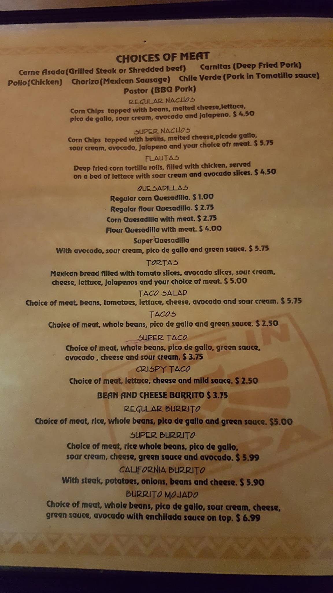 Menu at Taqueria Tepa Burritos restaurant, Cameron Park