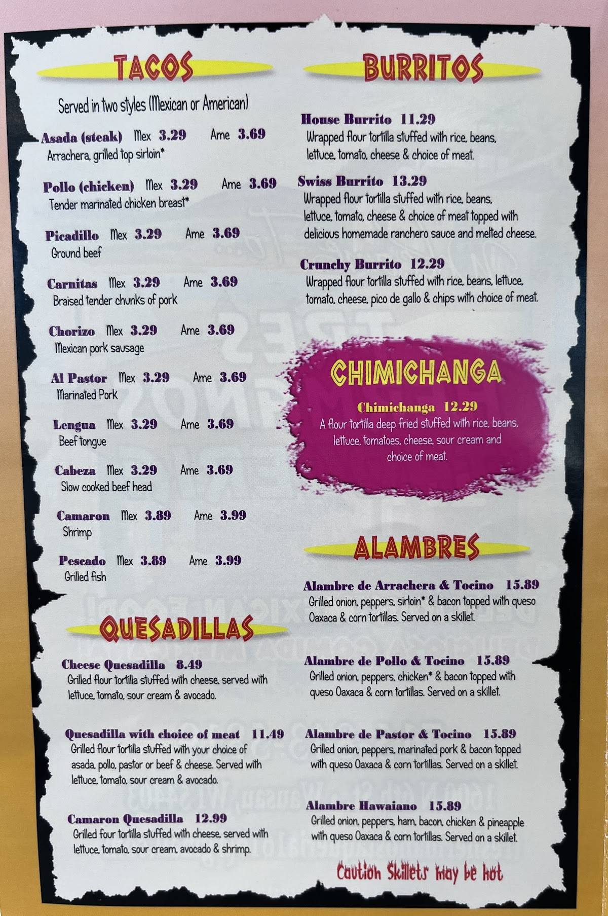 Menu at Taqueria Tres Hermanos restaurant, Wausau