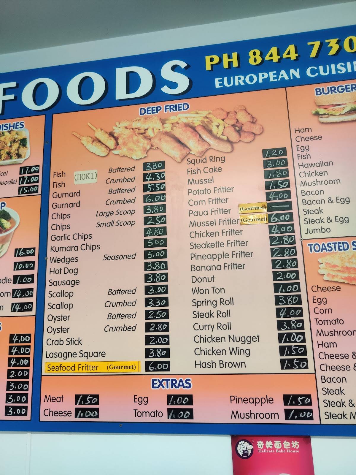Menu at Taradale Seafoods restaurant, Napier, 311 Gloucester St