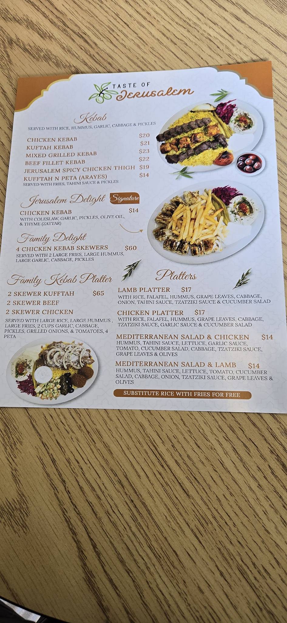 Menu at Taste of Jerusalem restaurant, Fairborn