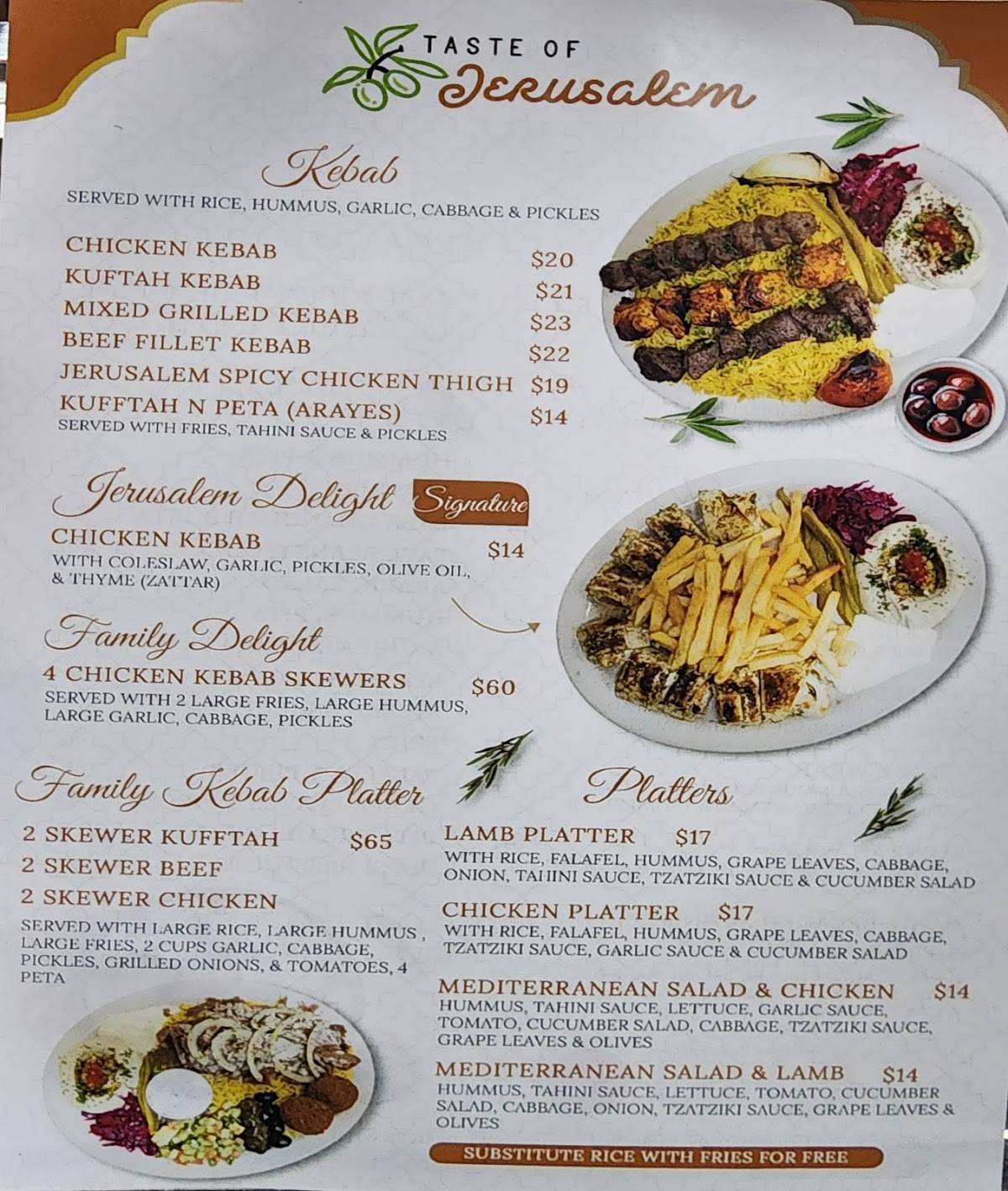 Menu at Taste of Jerusalem restaurant, Fairborn