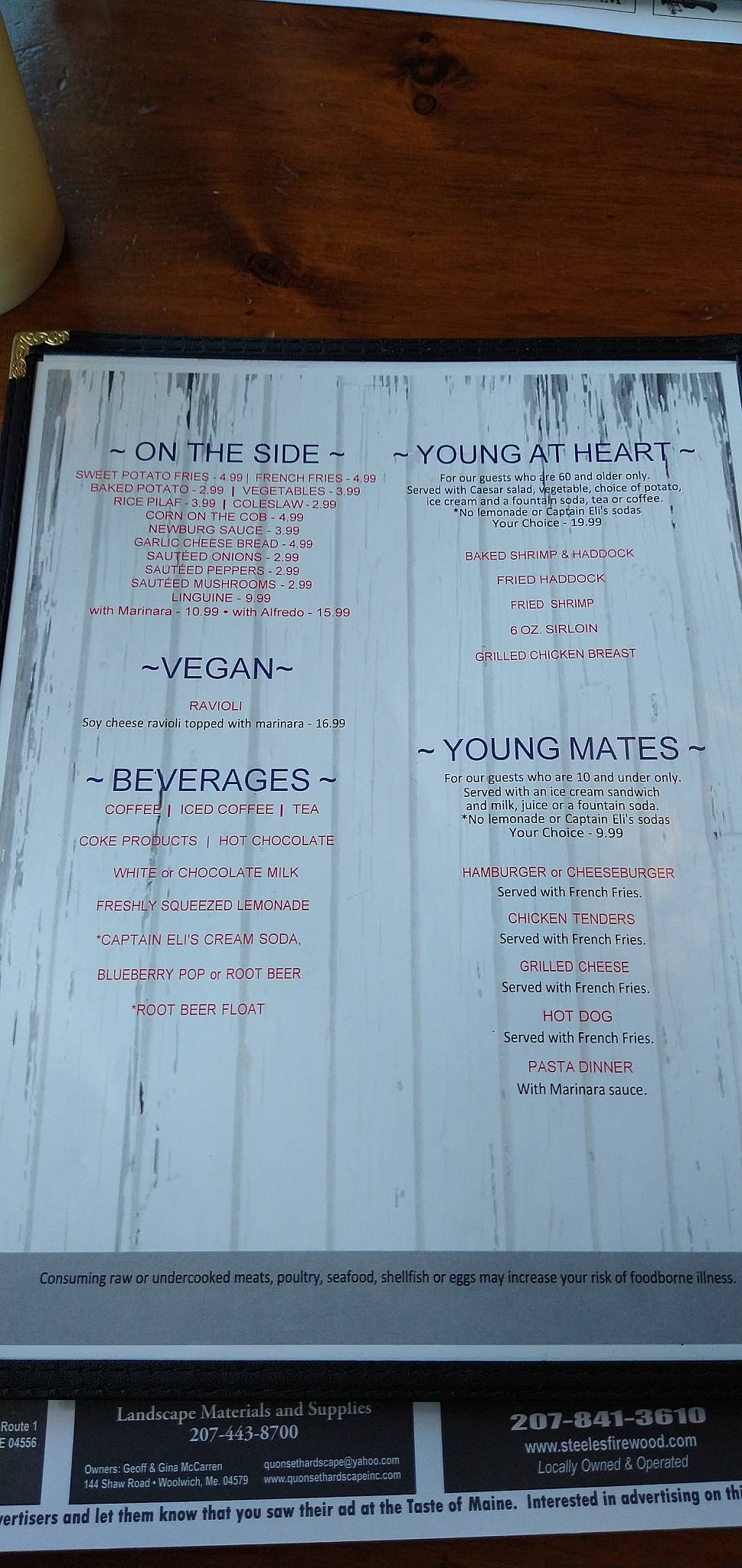 Menu at Taste of Maine Restaurant, Woolwich