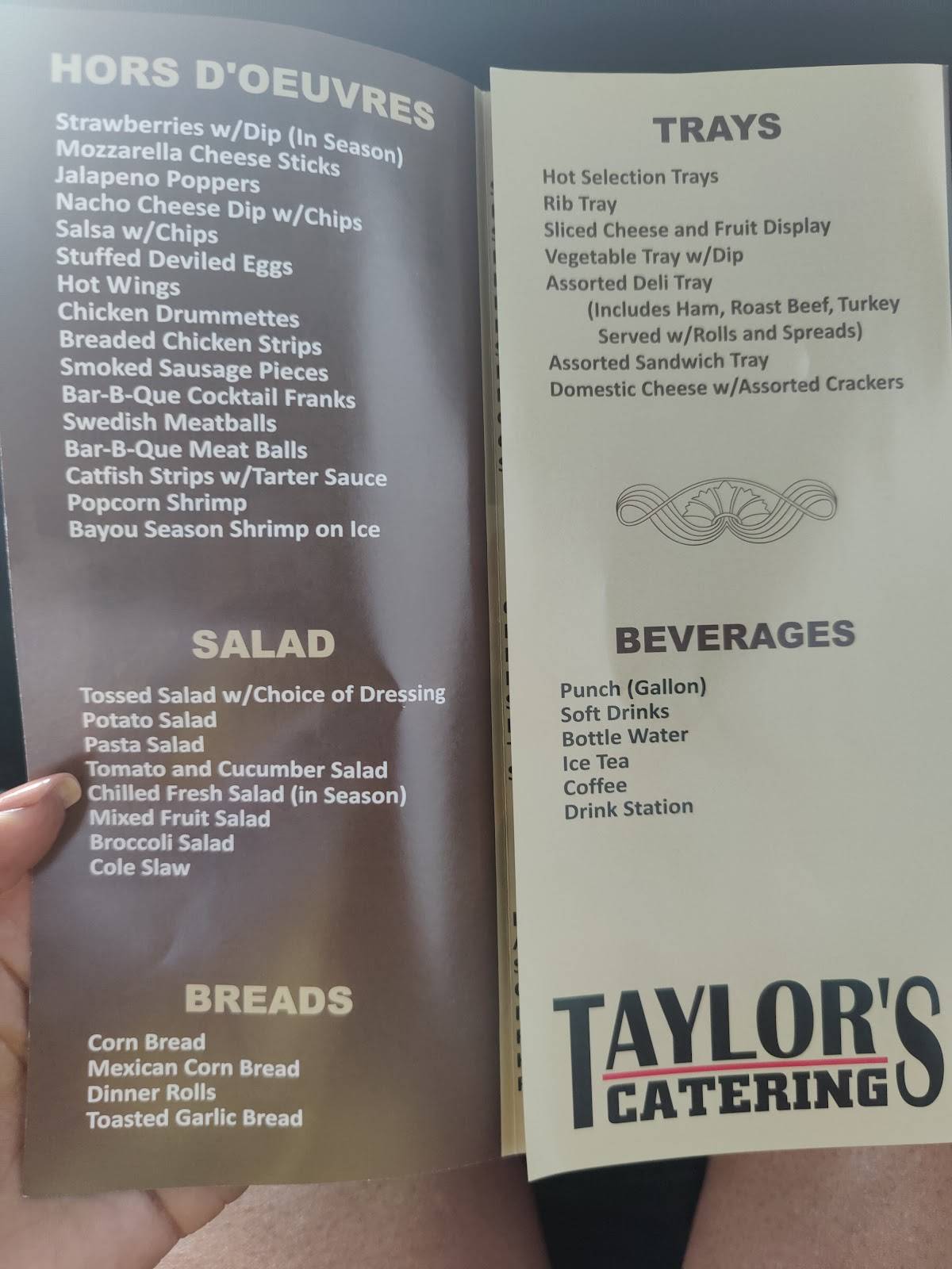 Menu at Taylor's Catering & Restaurant, Shreveport