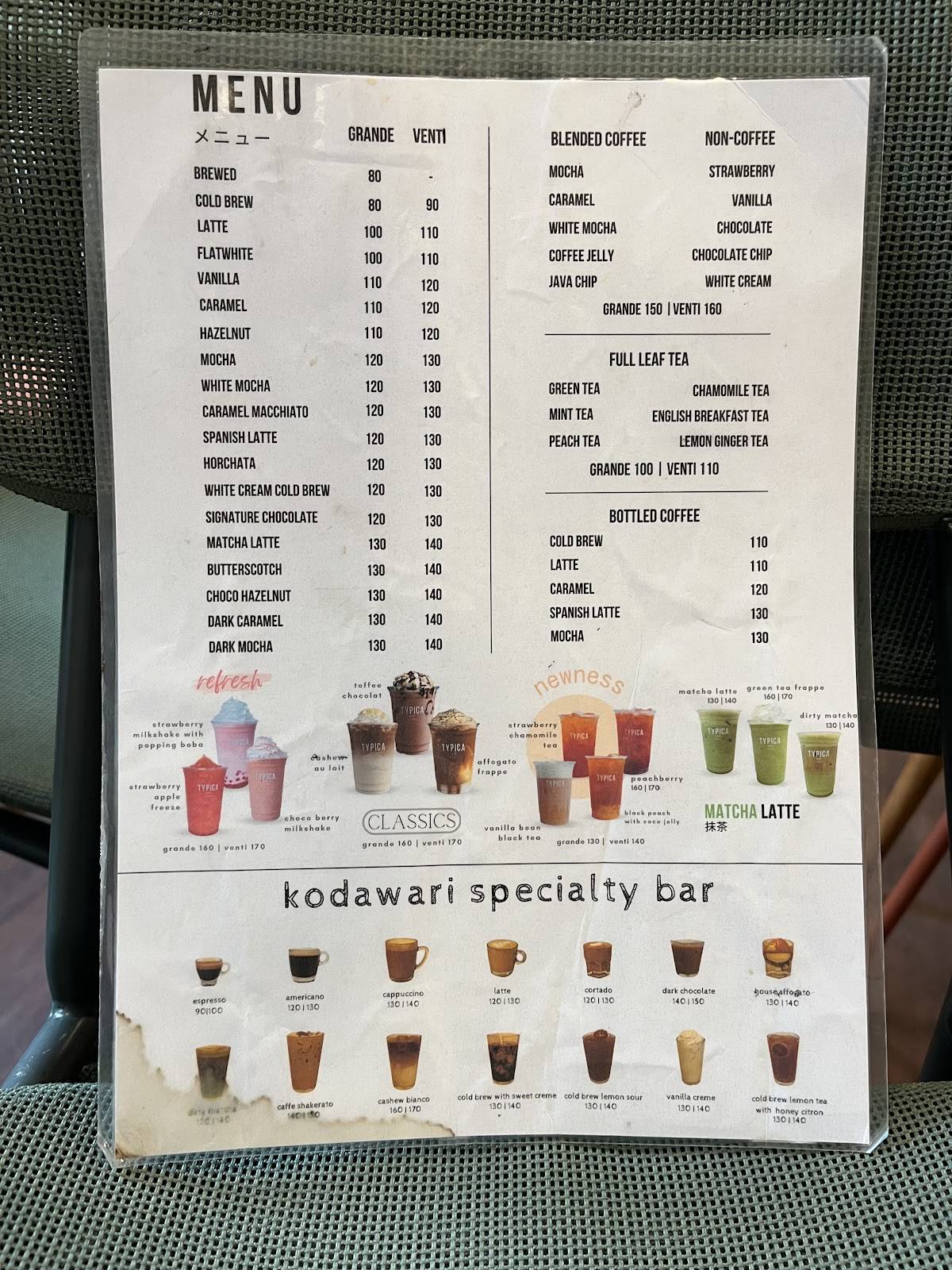 Menu at Typica Coffee restaurant, Taytay