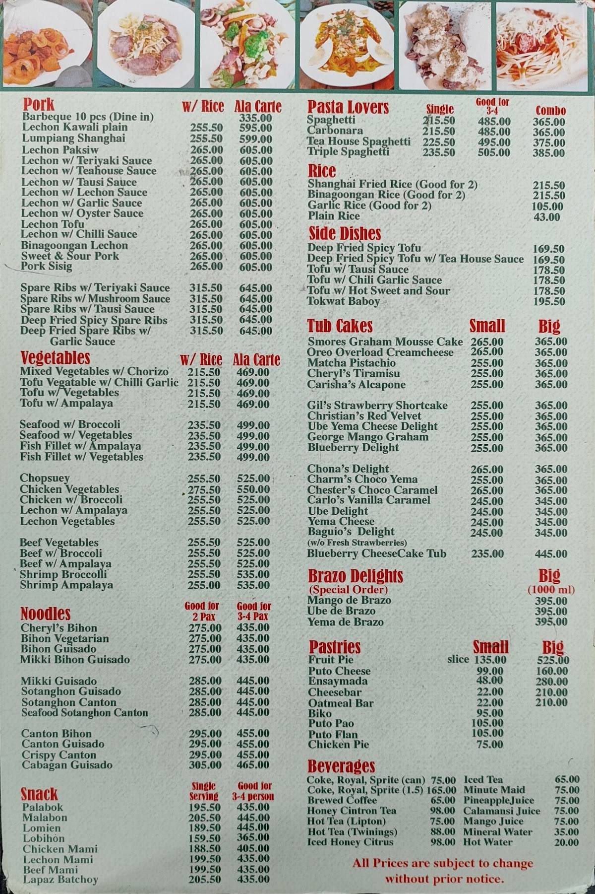Menu at Tea House Session restaurant, Baguio