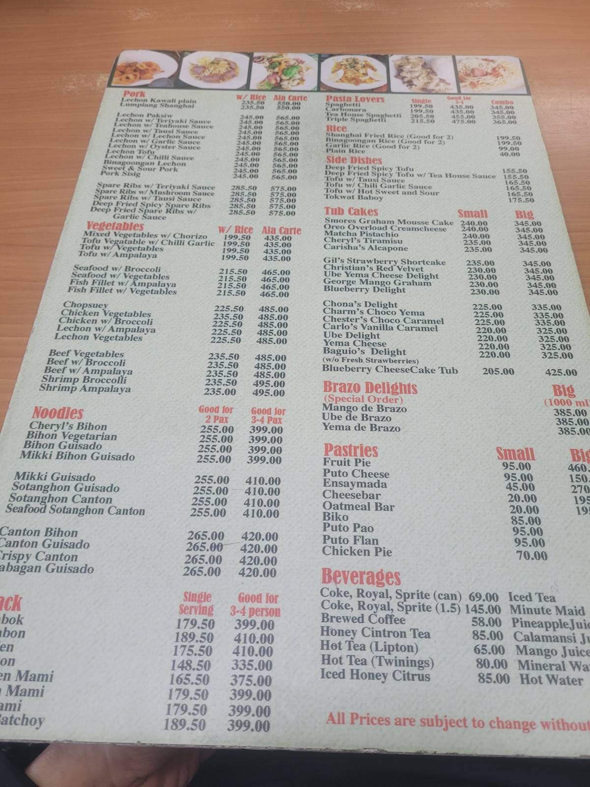 Menu at Tea House restaurant, Baguio