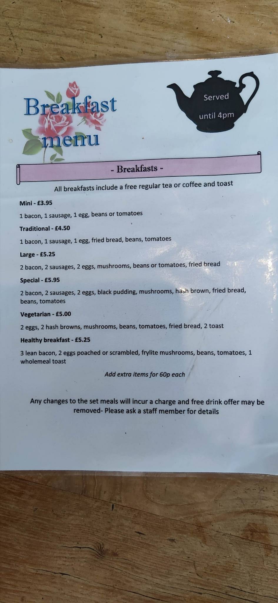 Menu at Teapot Café cafe, Blackpool