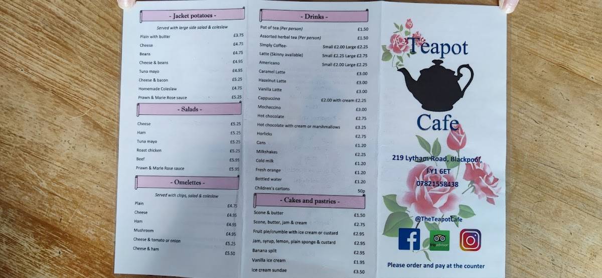 Menu at Teapot Café cafe, Blackpool