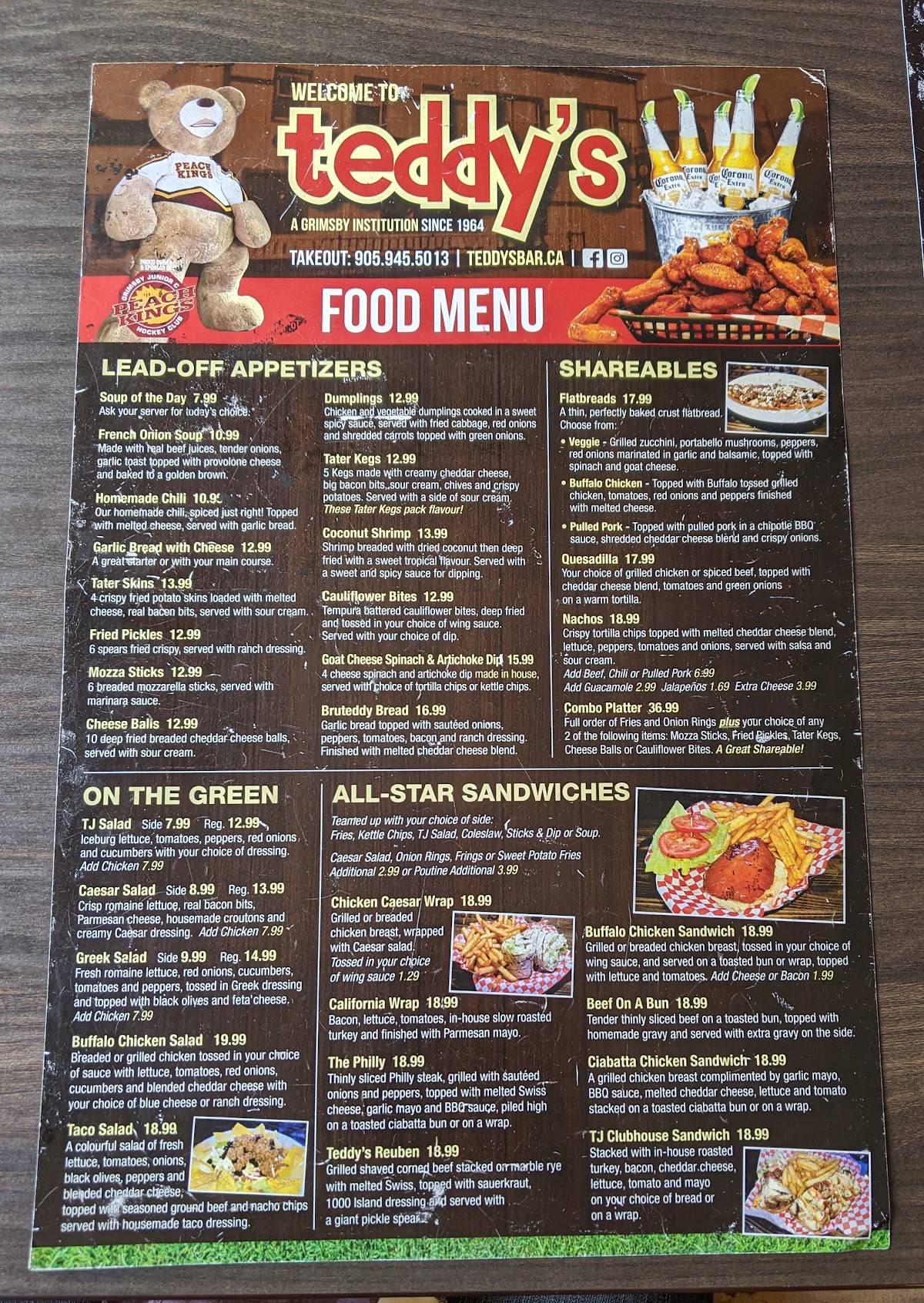 Menu au Teddy's Sports Bar, Grimsby