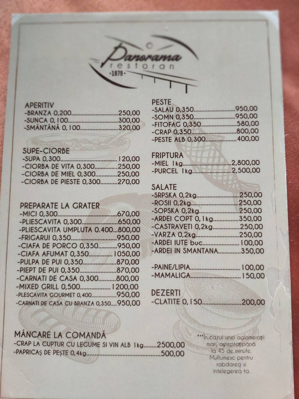 Menu at Panorama restaurant, Tekija