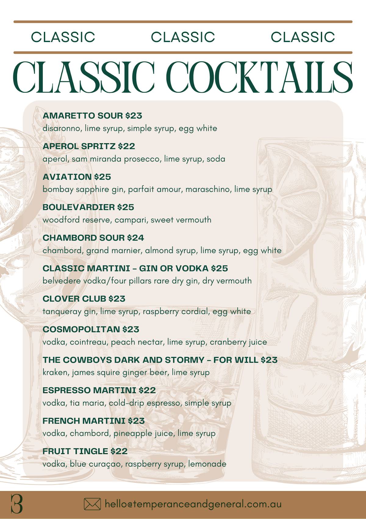 Menu at Temperance and General pub & bar, Albury