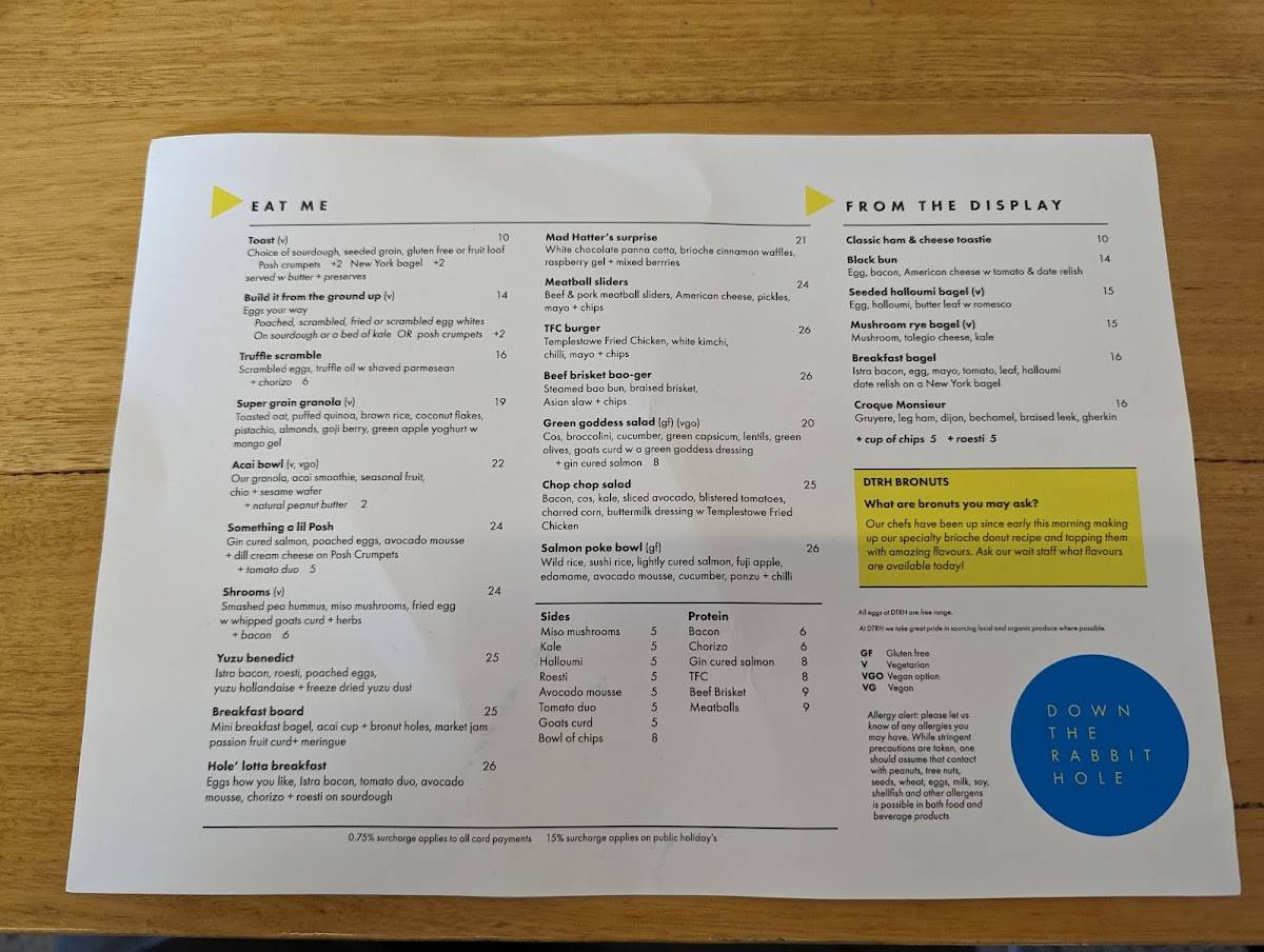 Menu at Down The Rabbit Hole Cafe, Templestowe