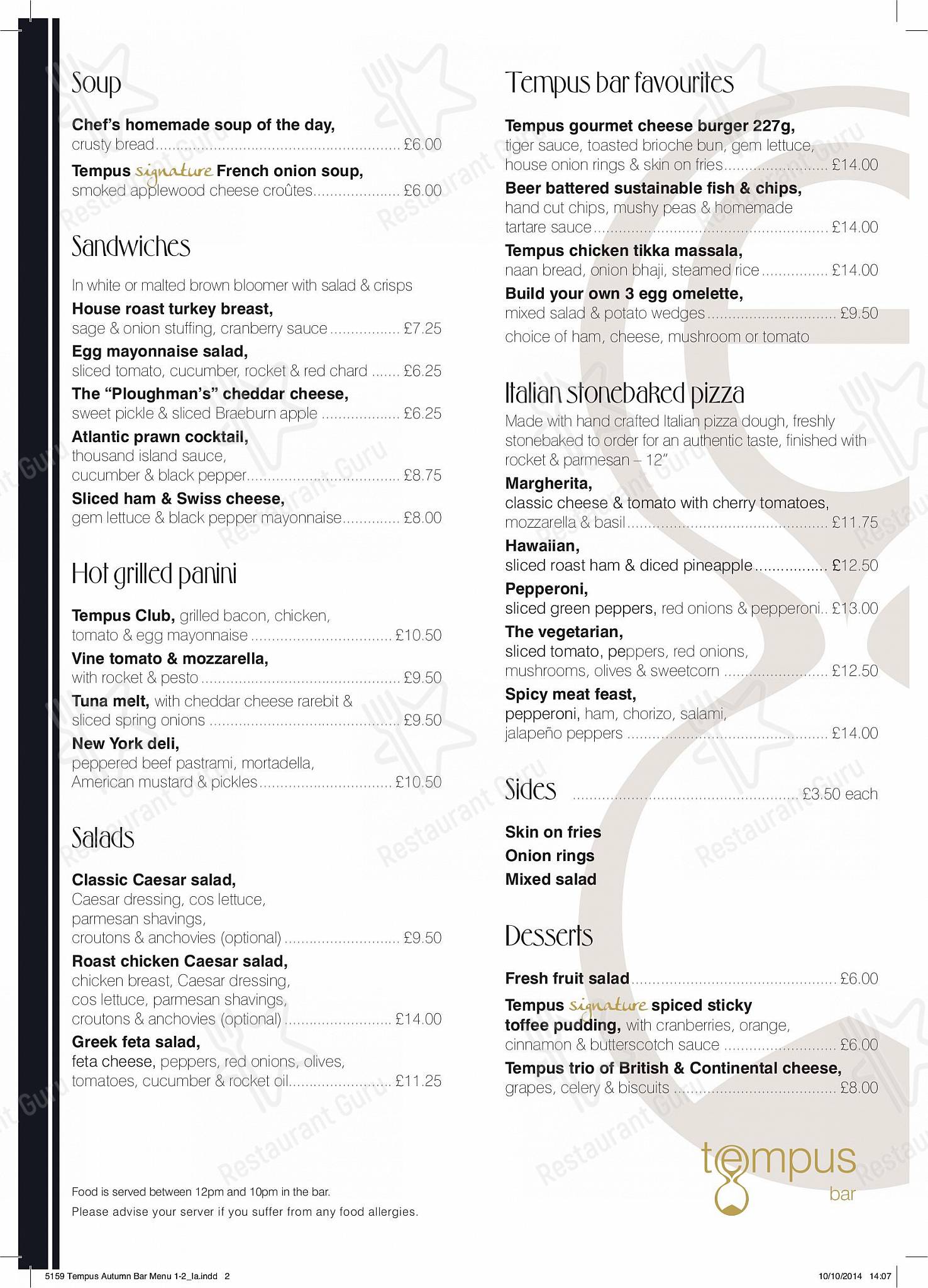 Menu at Tempus Restaurant & Bar - Met Hotel, Leeds