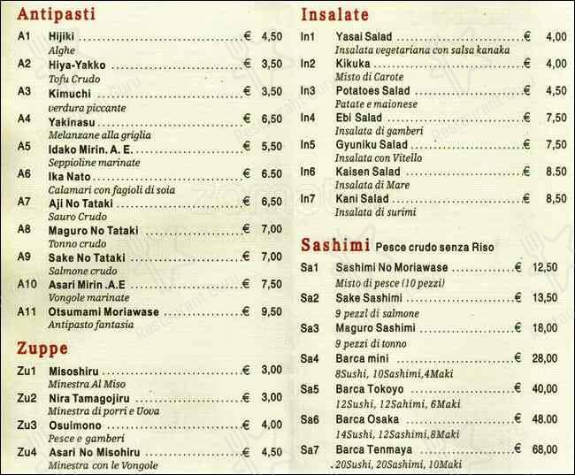 Speisekarte von TENMAYA Ristorante Giapponese: alla carta, ROM