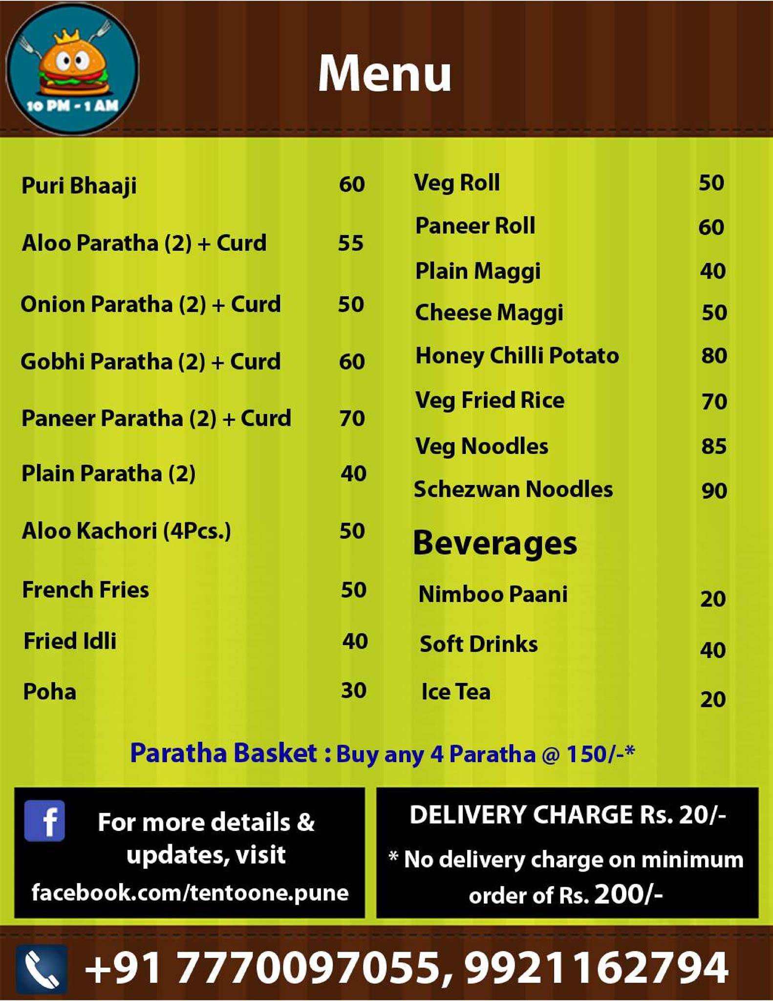 Menu at TentoOne, Pune
