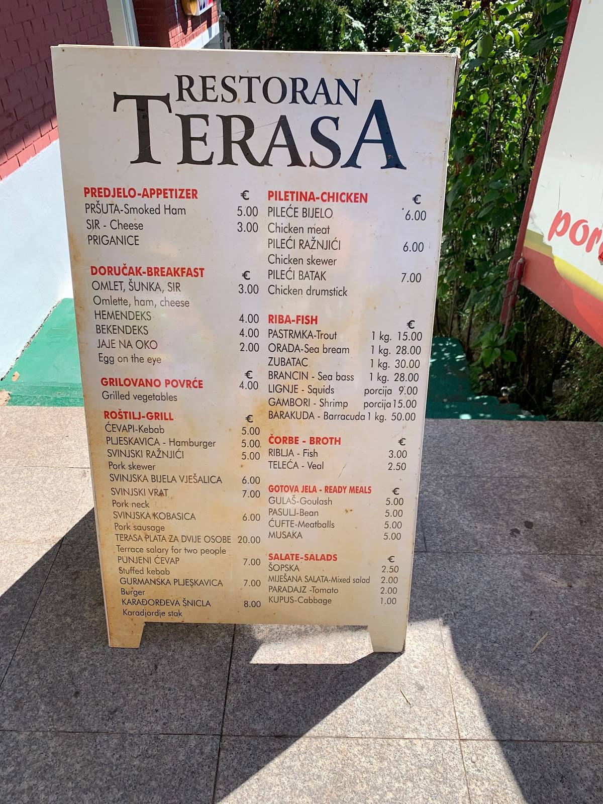 Menu at Terasa restaurant, Boreti