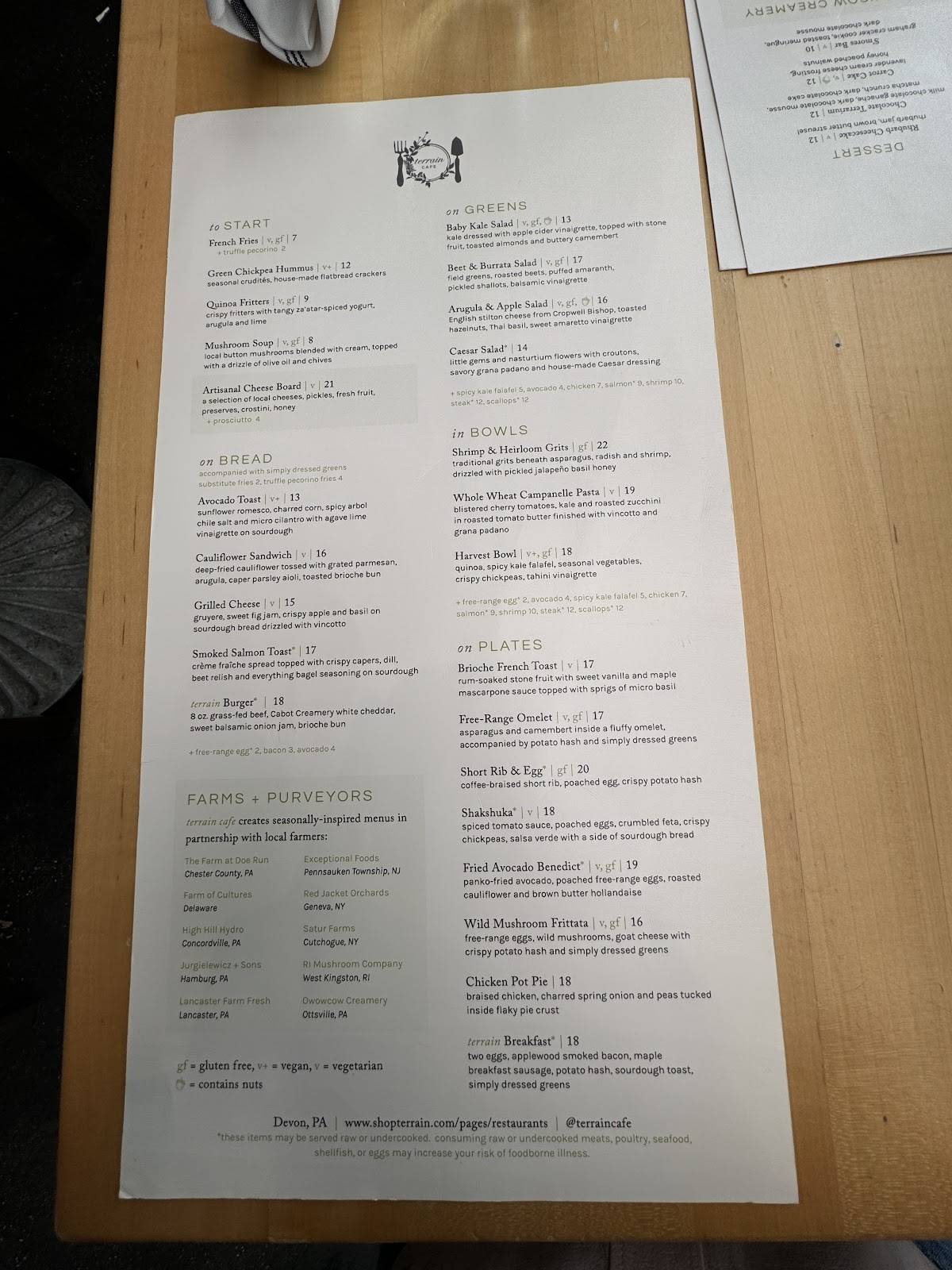 Menu at Terrain Cafe, Devon, 138 W Lancaster Ave Suite 120