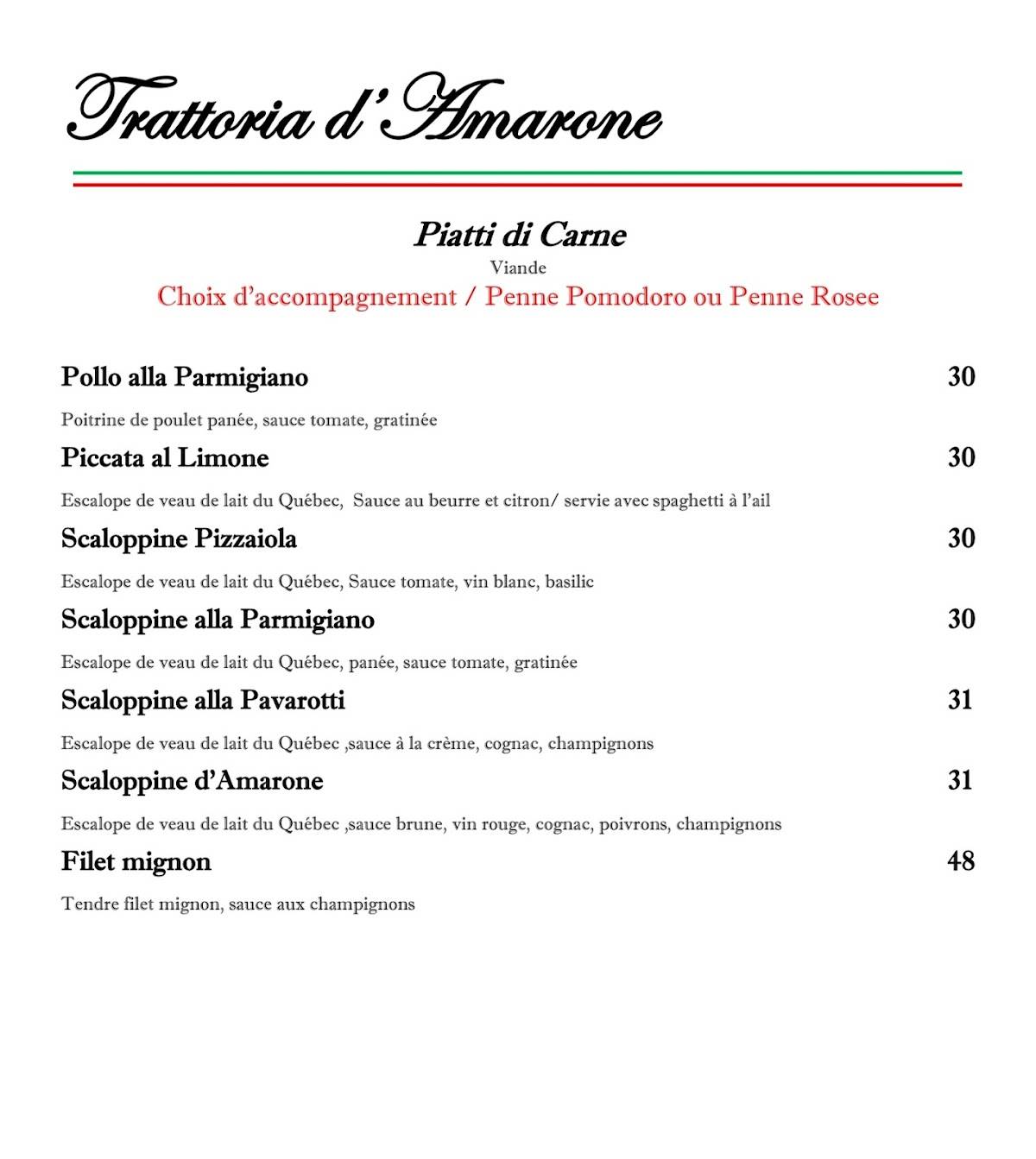 Menu au Trattoria D Amarone restaurant, Terrebonne