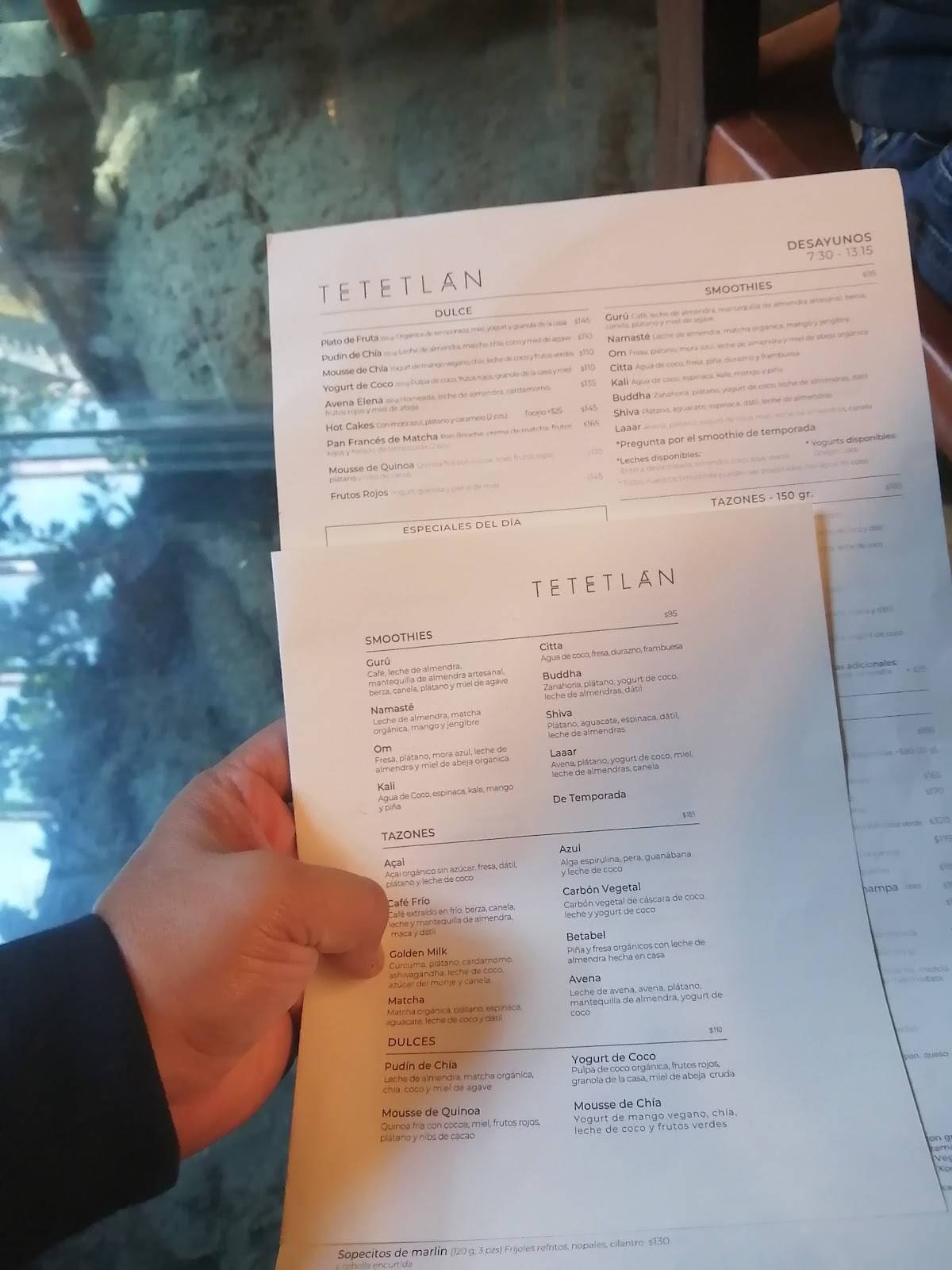 Carta del restaurante Tetetlán, Ciudad del México