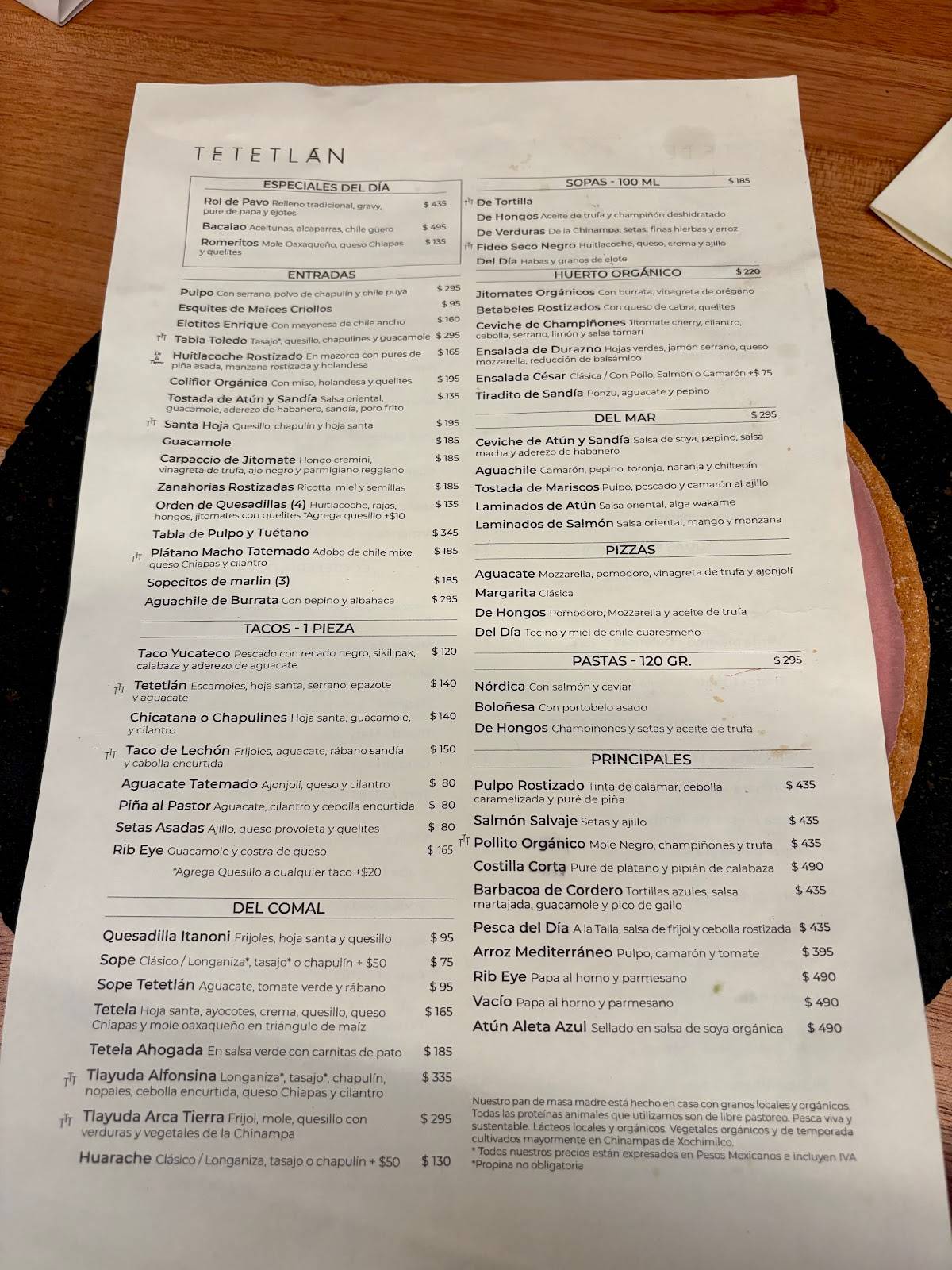Carta del restaurante Tetetlán, Ciudad del México