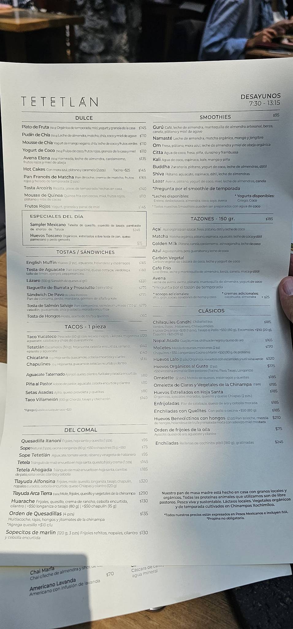 Carta del restaurante Tetetlán, Ciudad del México