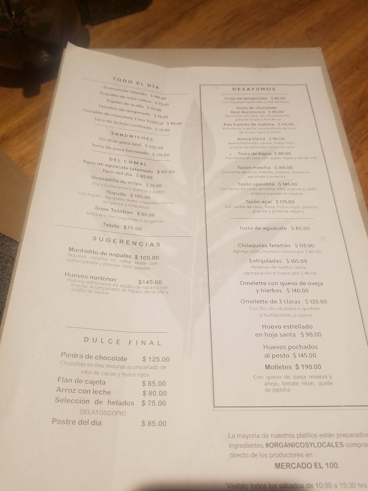 Carta del restaurante Tetetlán, Ciudad del México