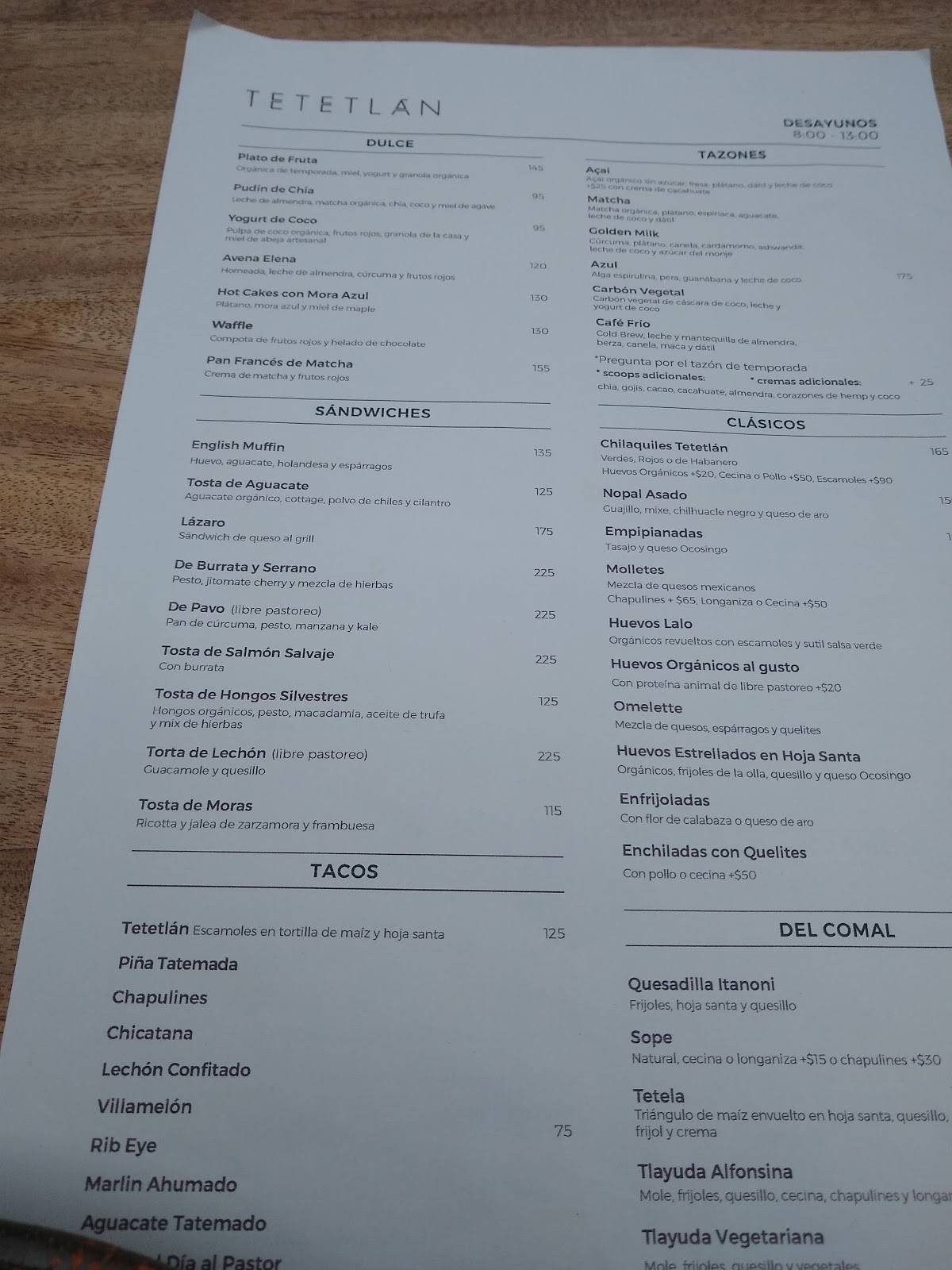 Carta del restaurante Tetetlán, Ciudad del México