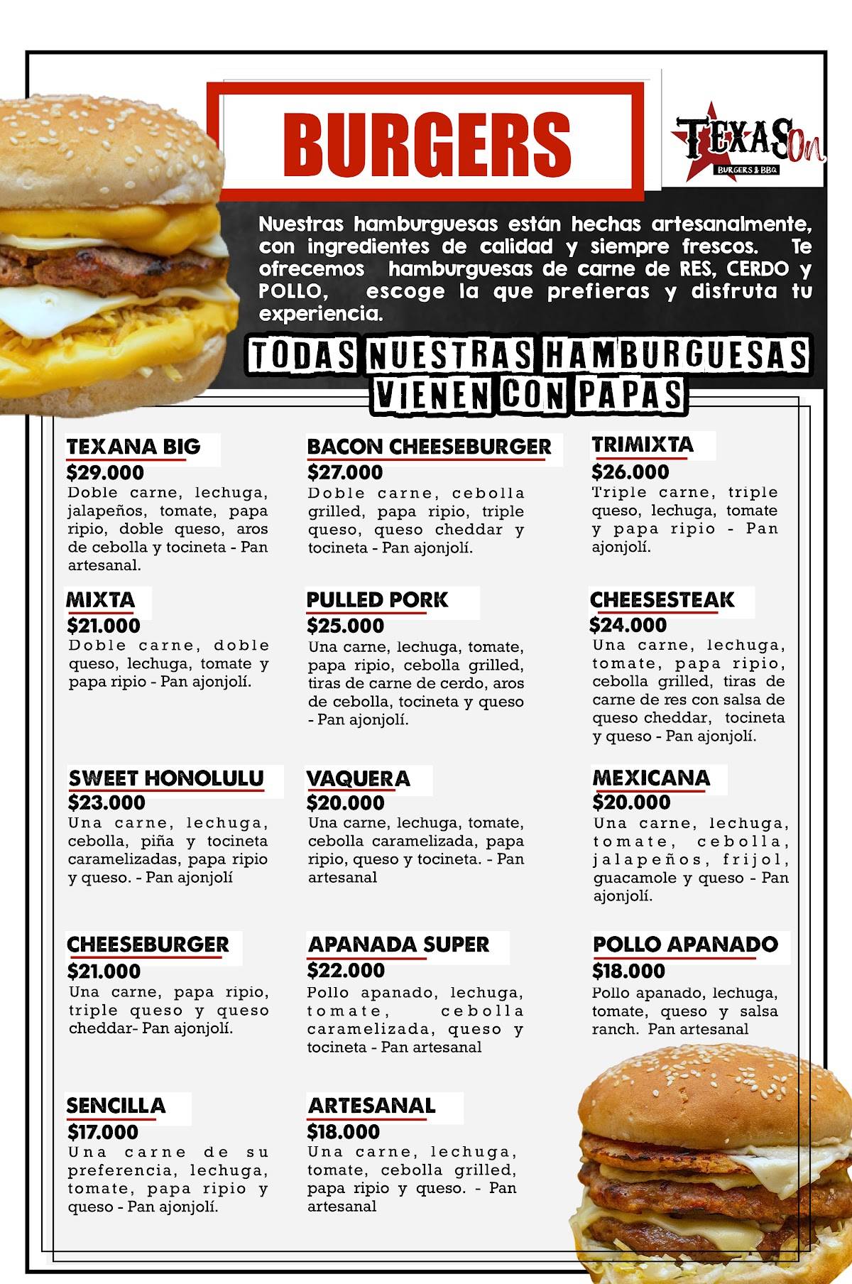 Carta de TexasOn BURGERS & BBQ - Espinal, Espinal