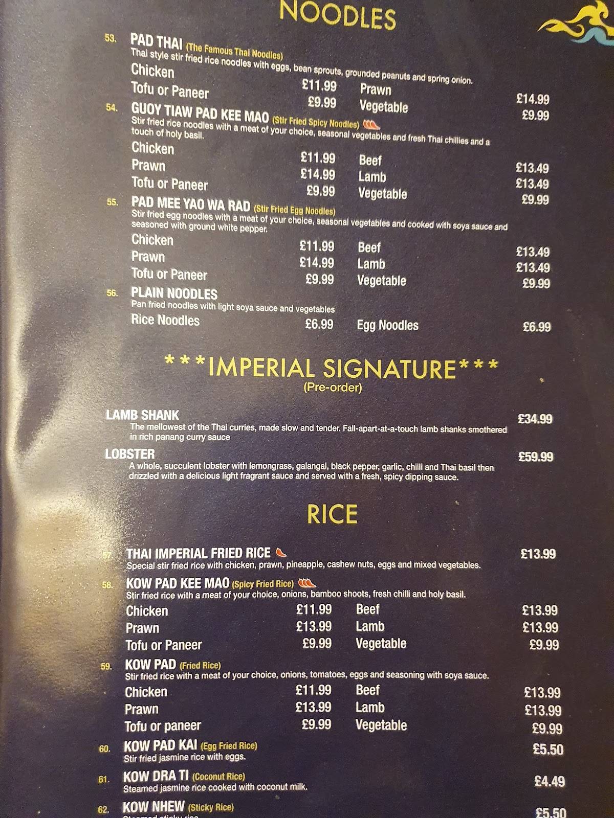 Menu at Thai Imperial restaurant, Ilford