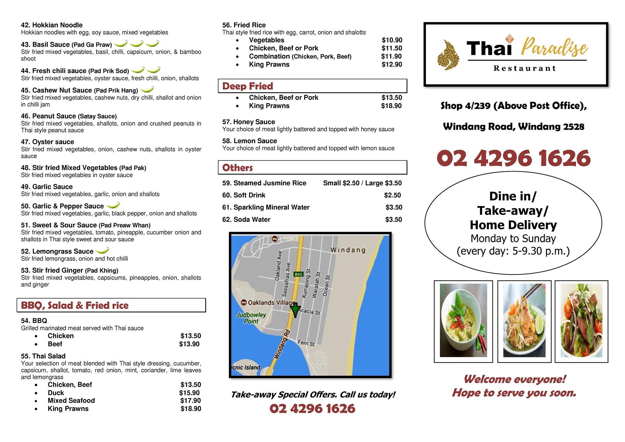 Menu at Thai Paradise Restaurant, Windang