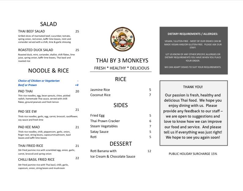 Menu at Thai by 3 Monkeys restaurant, North Adelaide