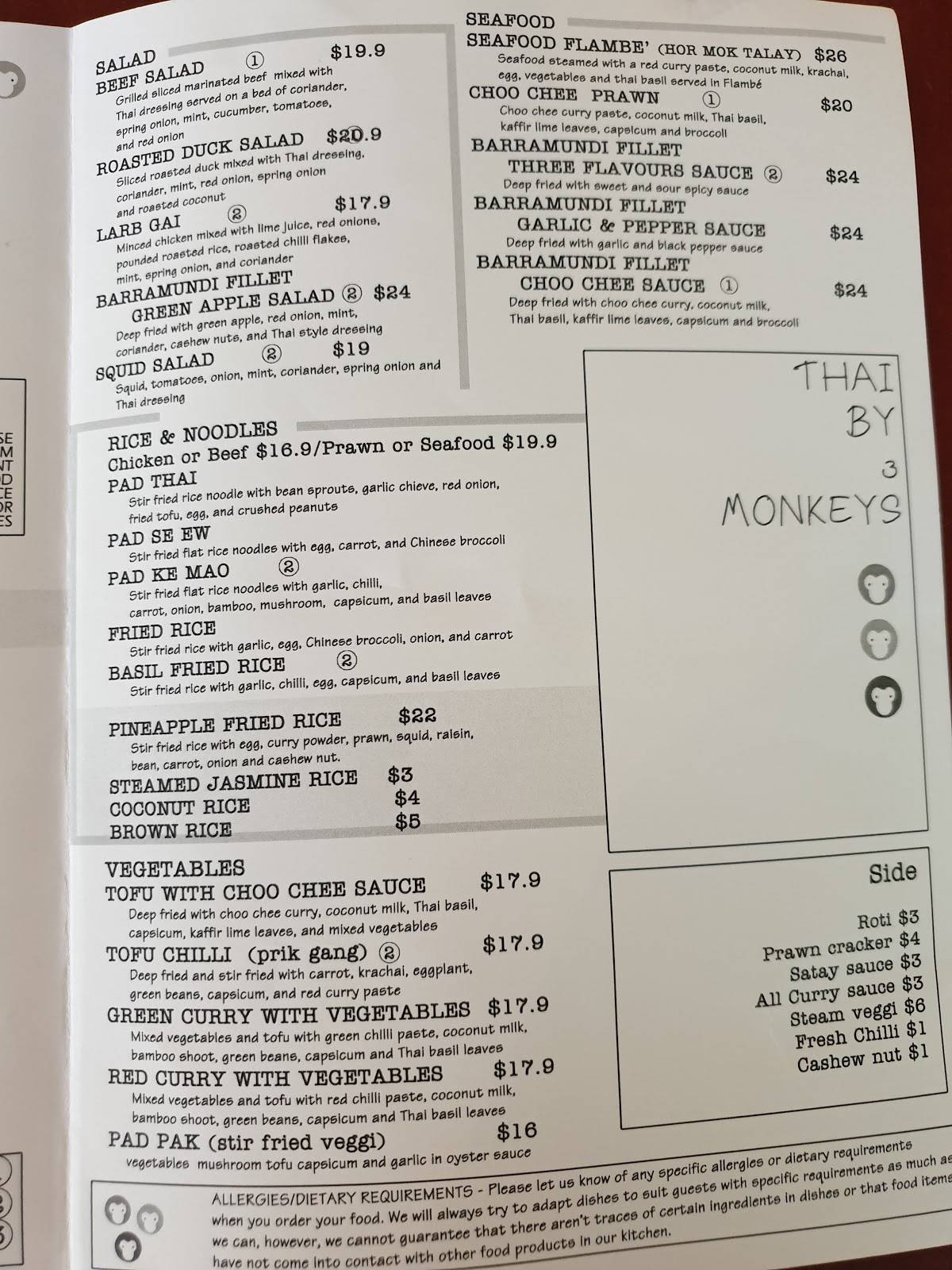 Menu at Thai by 3 Monkeys restaurant, North Adelaide